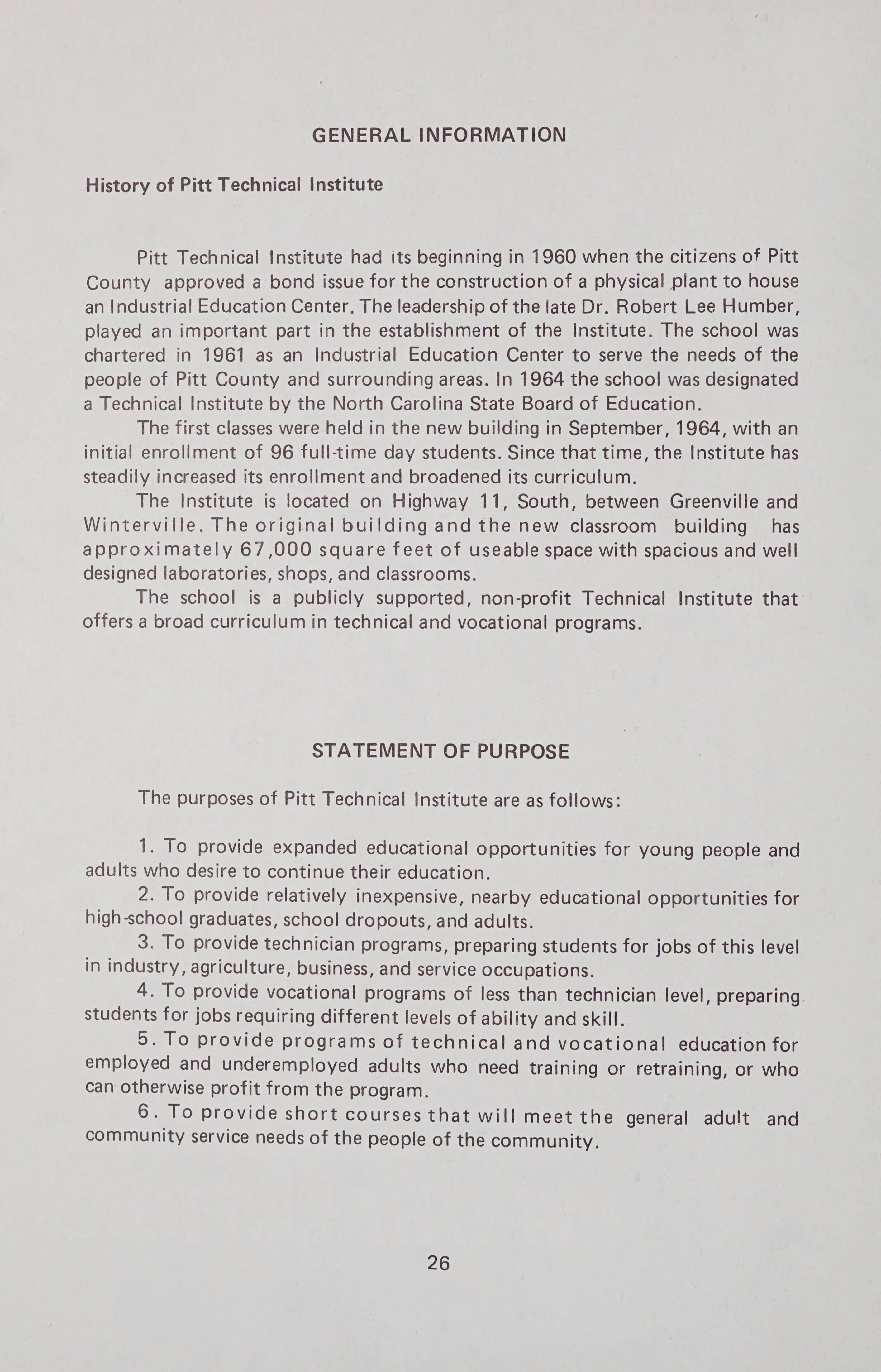 Pitt Technical Institute [1972-1974]