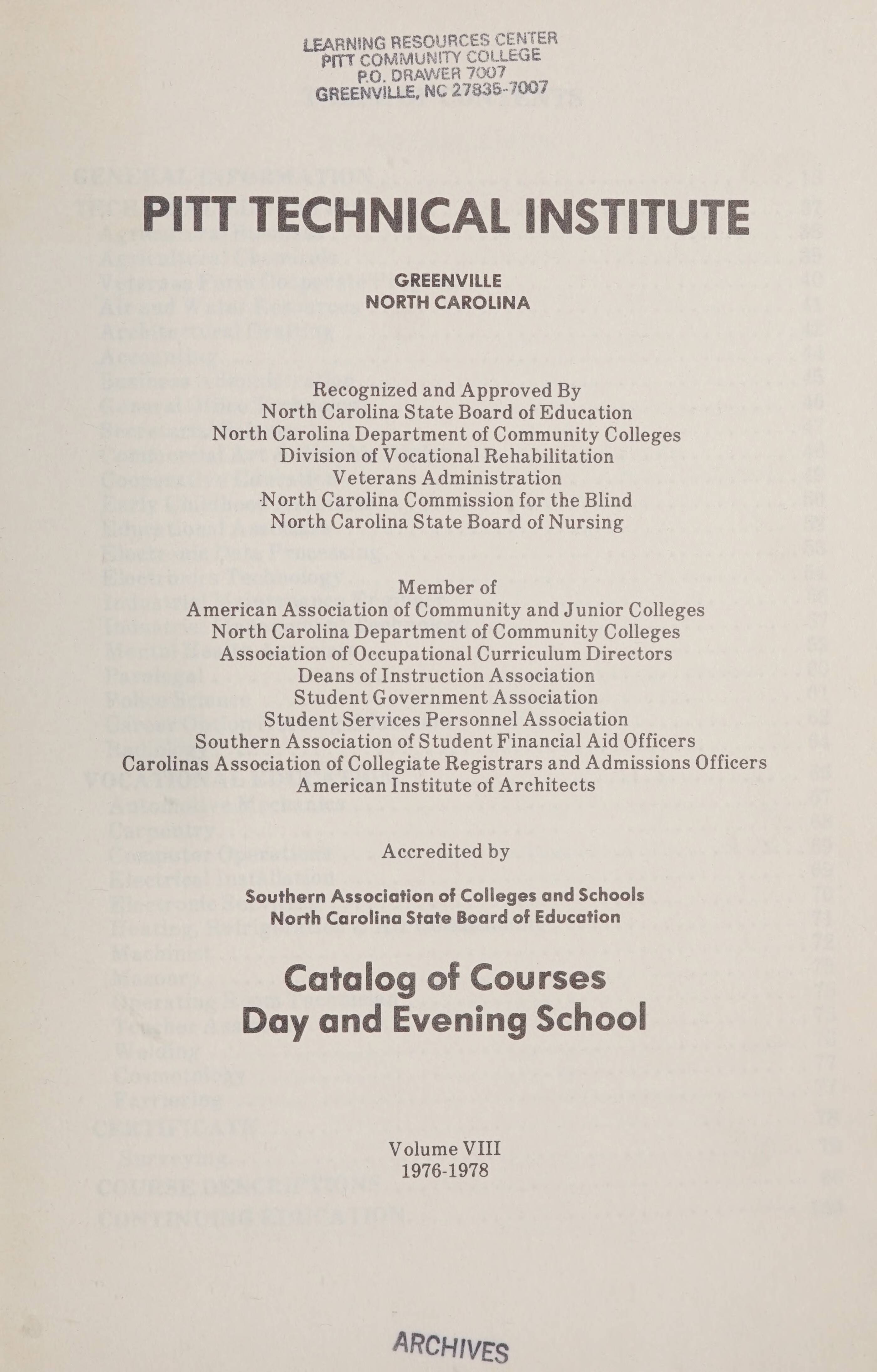 Pitt Technical Institute General Catalog [1976-1978]