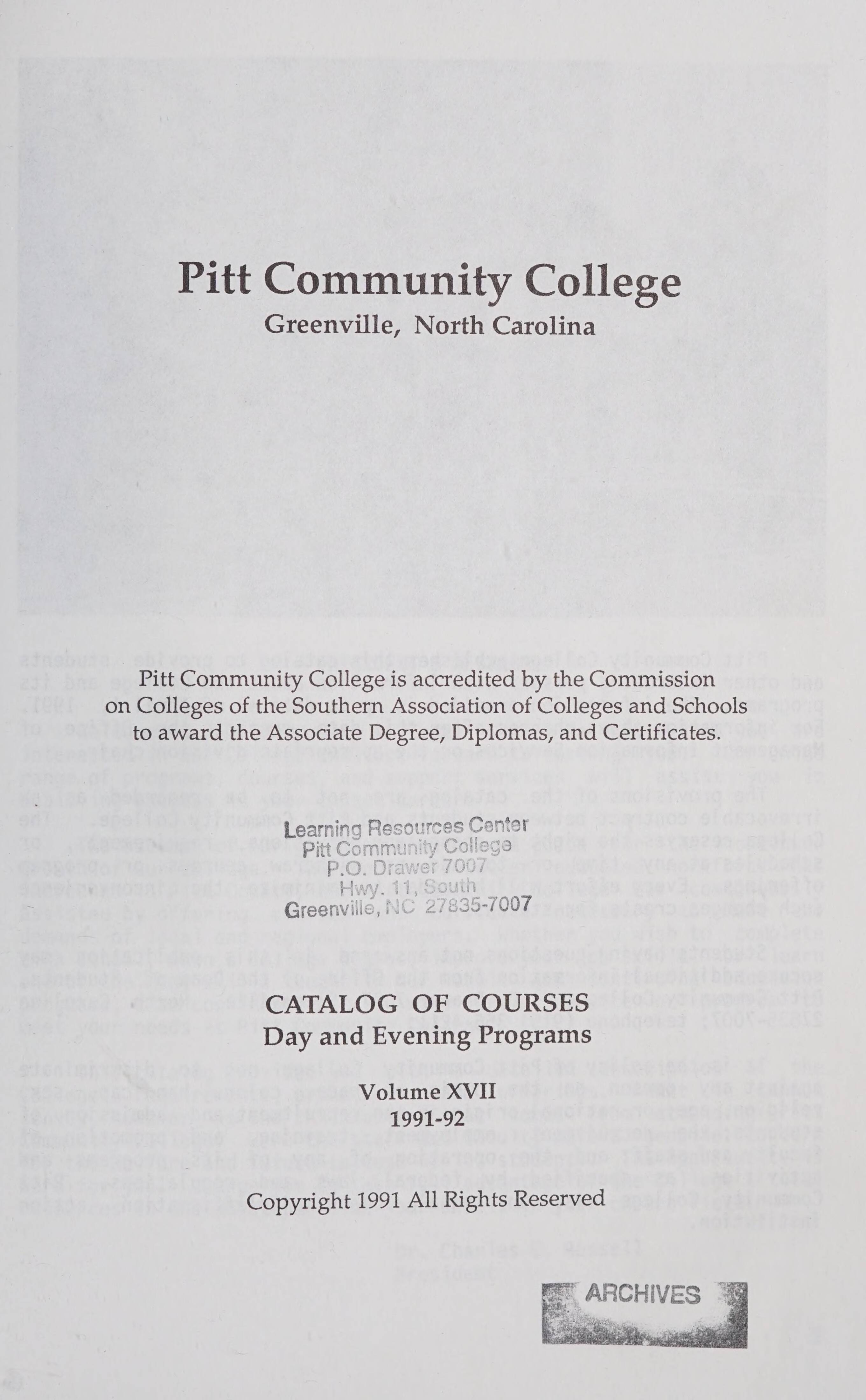 Pitt Community College General Catalog [1991-1992]