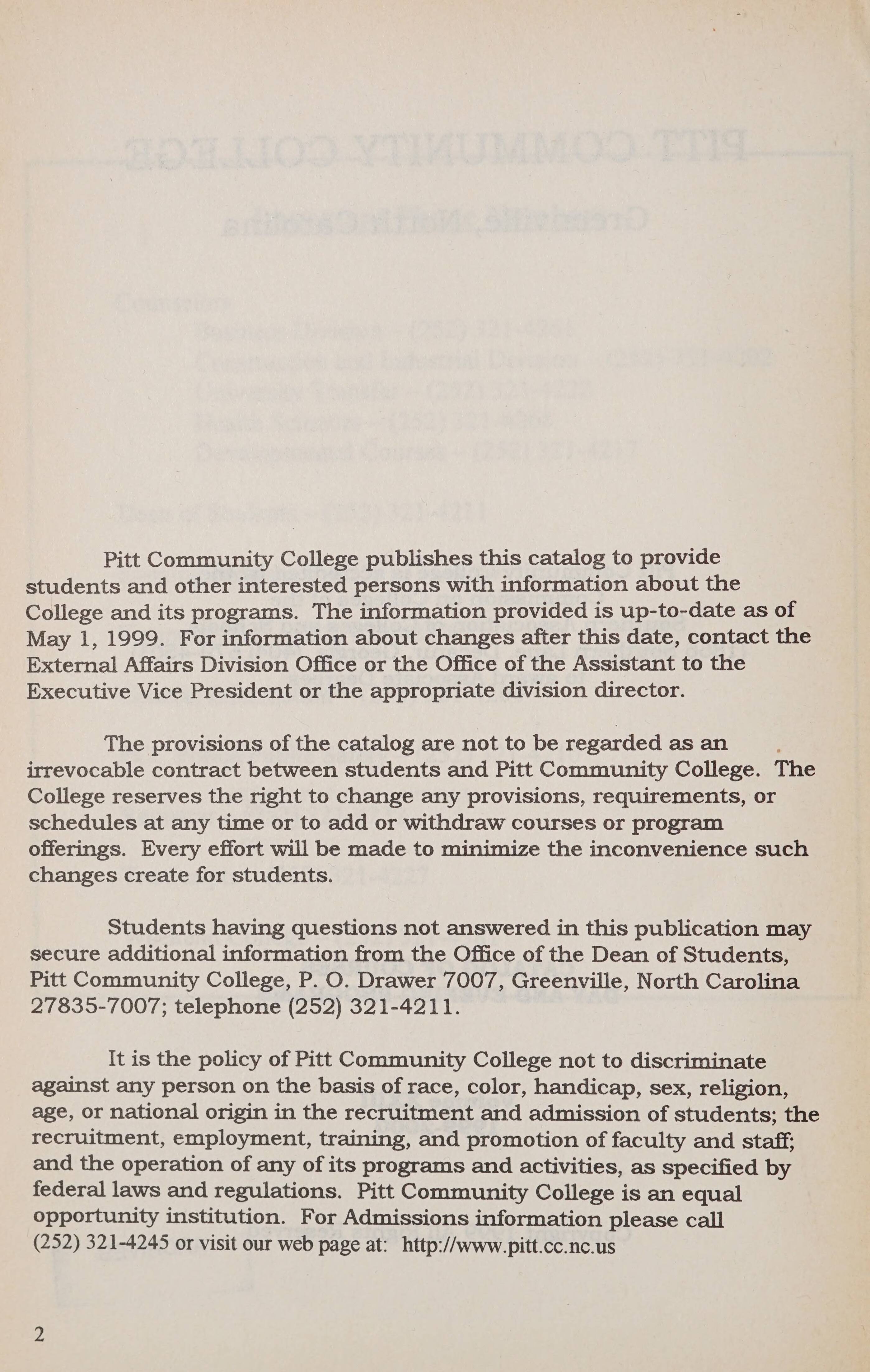 Pitt Community College General Catalog [1999-2000]