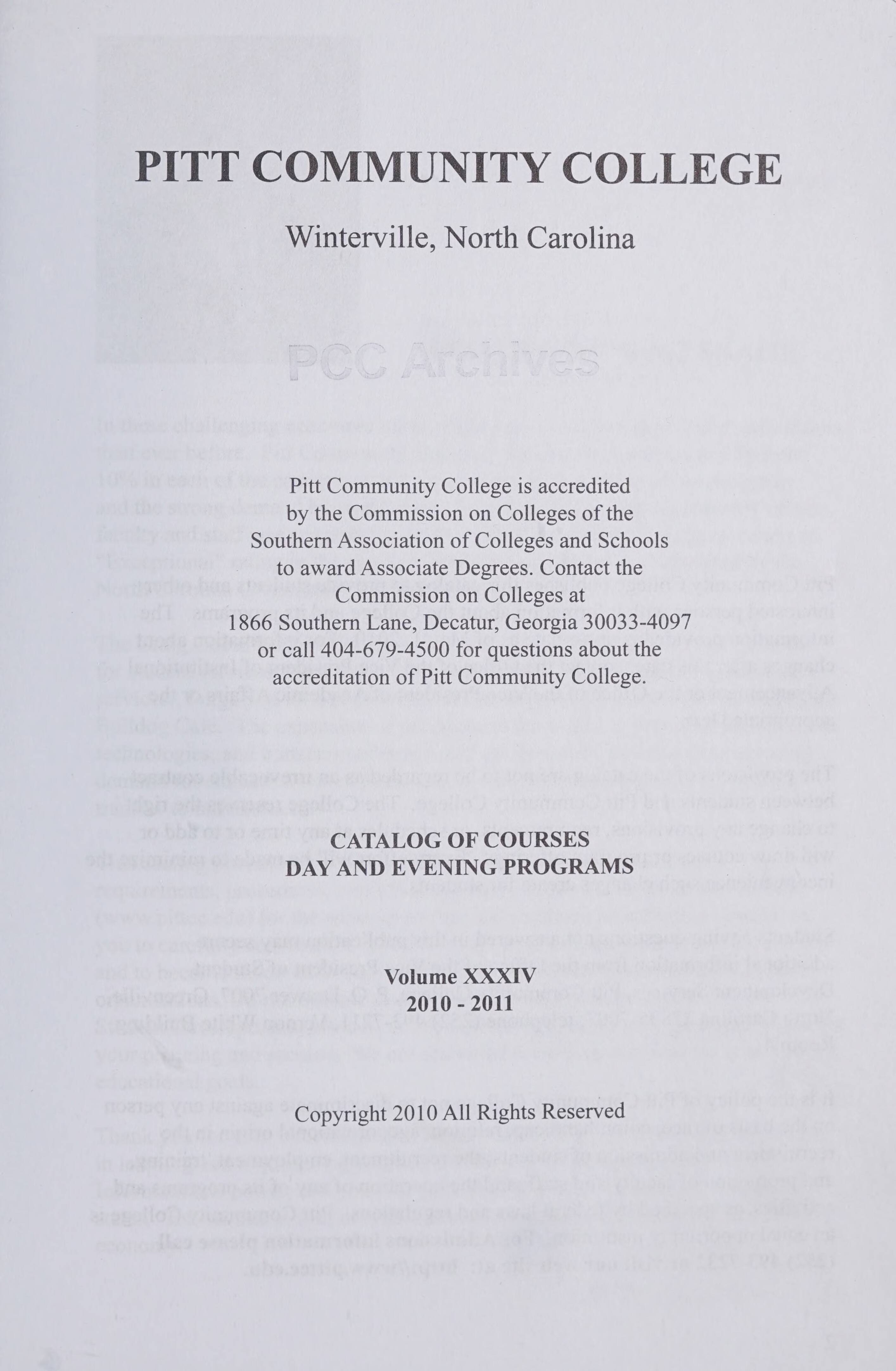 Pitt Community College General Catalog [2010-2011]