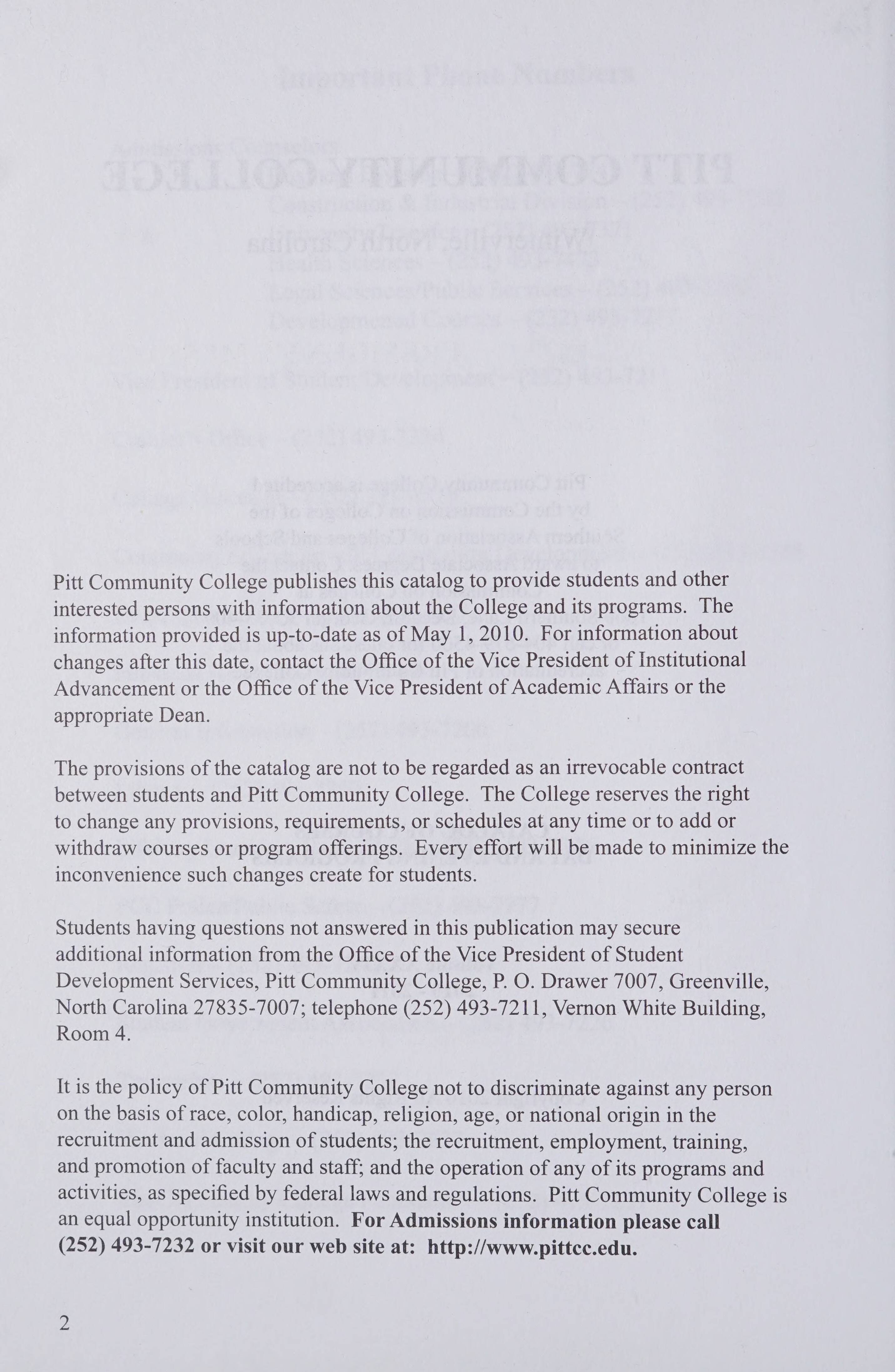 Pitt Community College General Catalog [2010-2011]