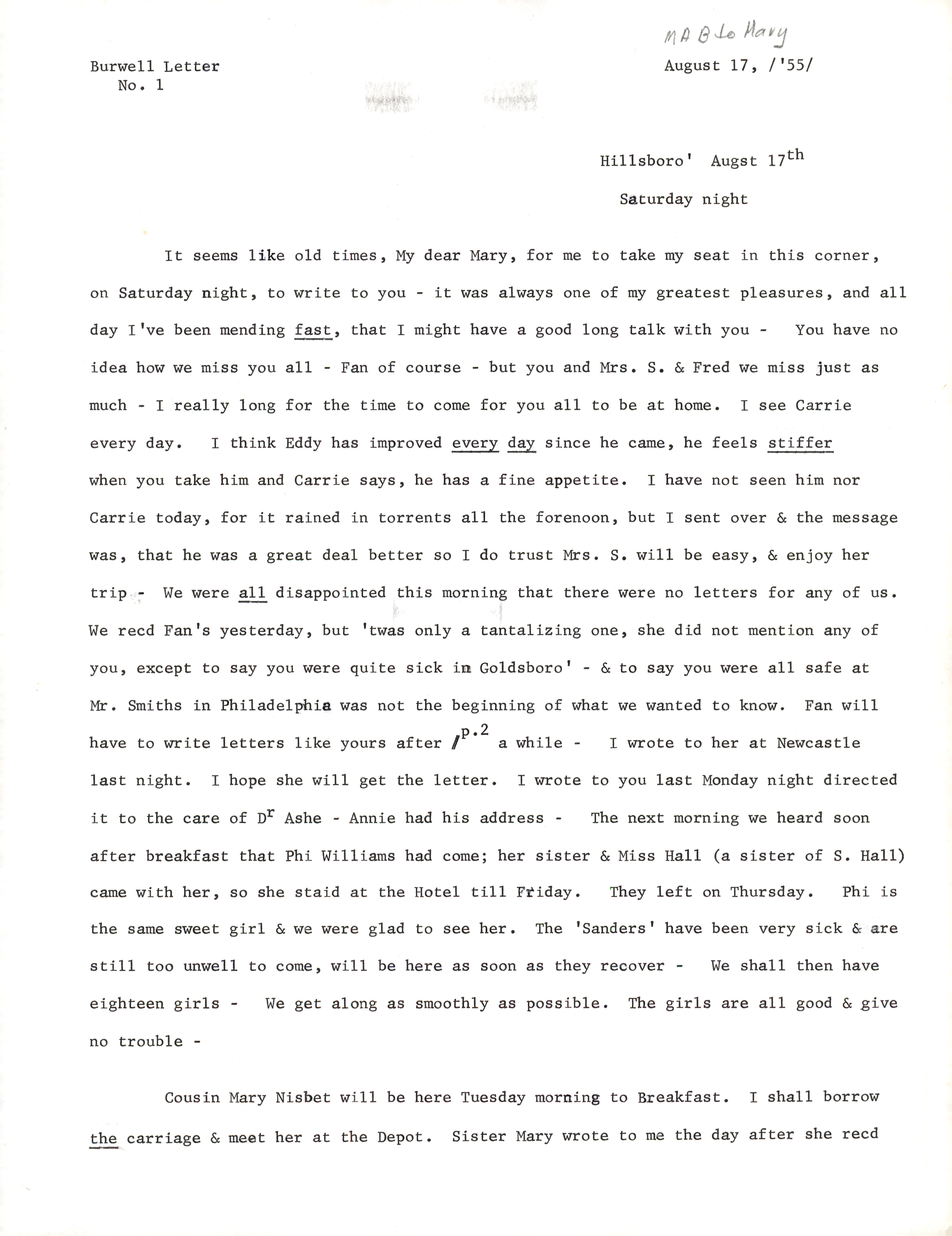 Letter from Margaret Anna Robertson Burwell to Mary Susan Burwell ...