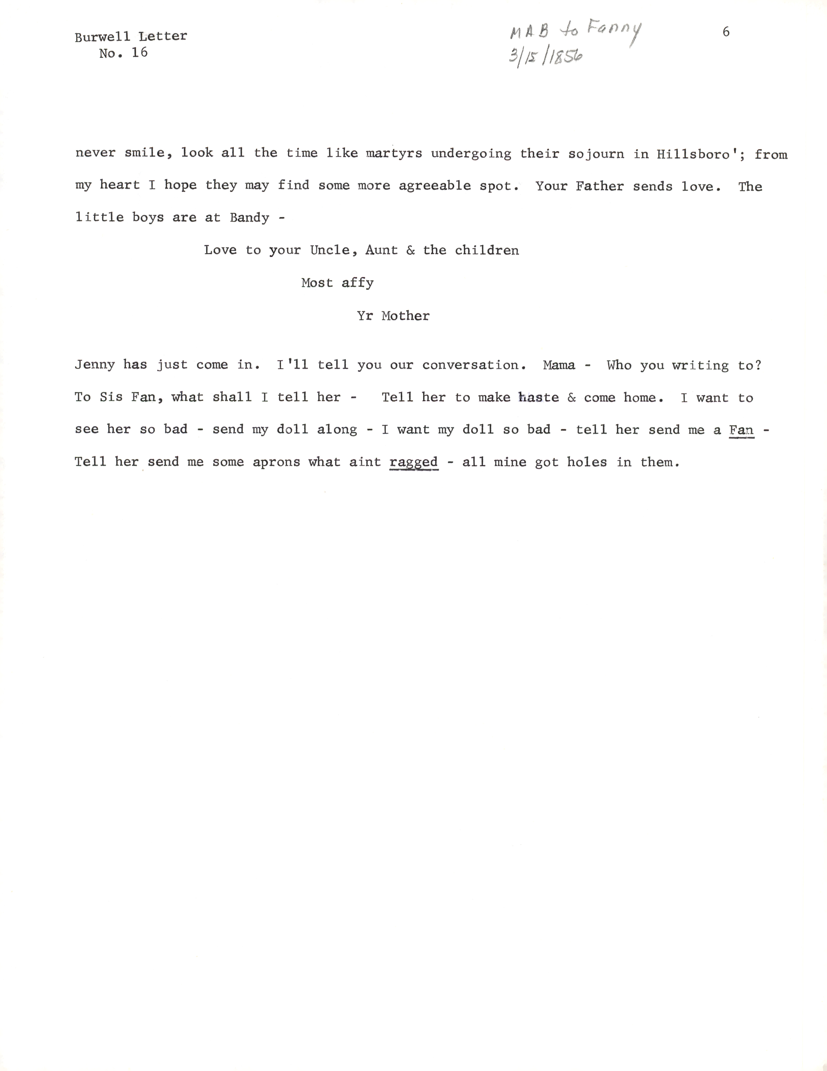 Letter from Margaret Anna Robertson Burwell to Fanny Burwell [March 15 ...