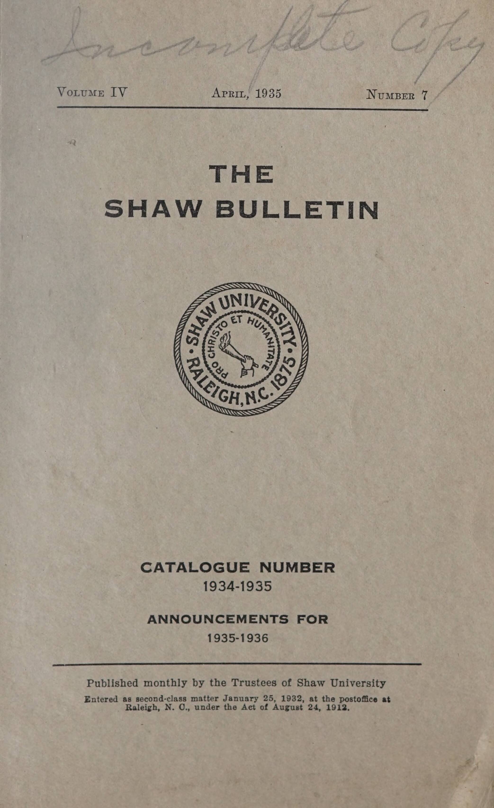 The Shaw Bulletin and Catalogue [1934-1935]