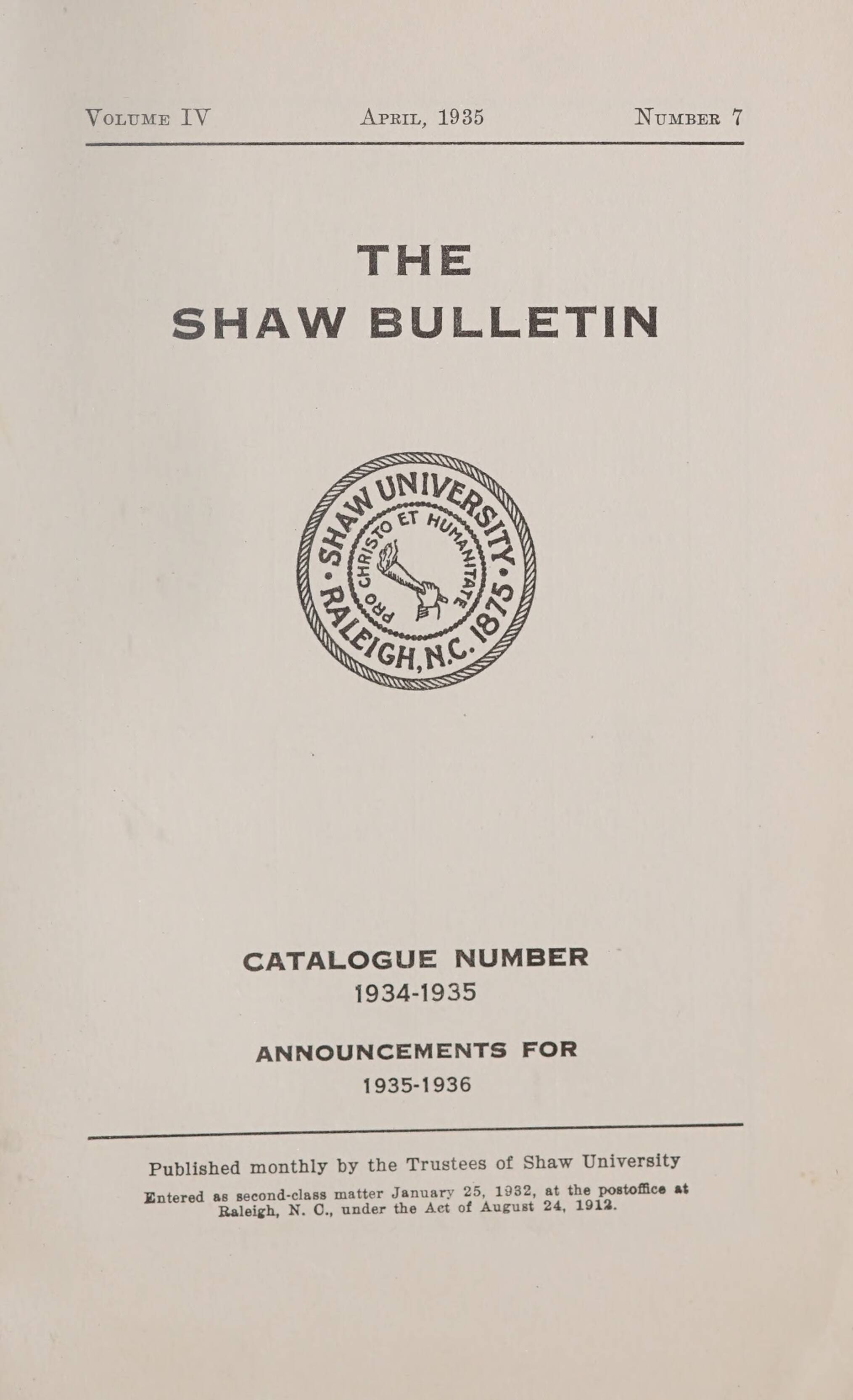 The Shaw Bulletin and Catalogue [1934-1935]