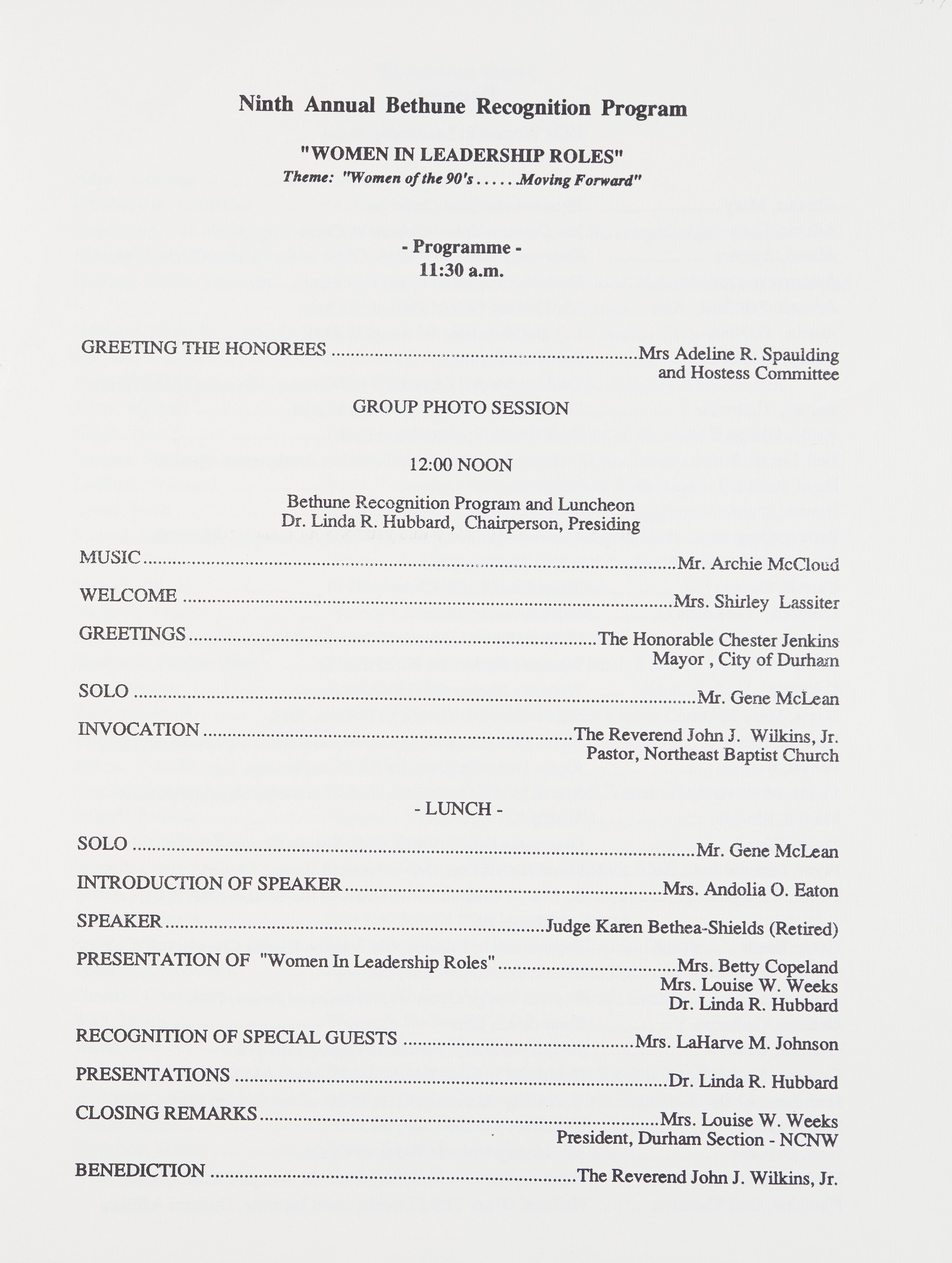 Ninth Annual Bethune Recognition Lunch Program