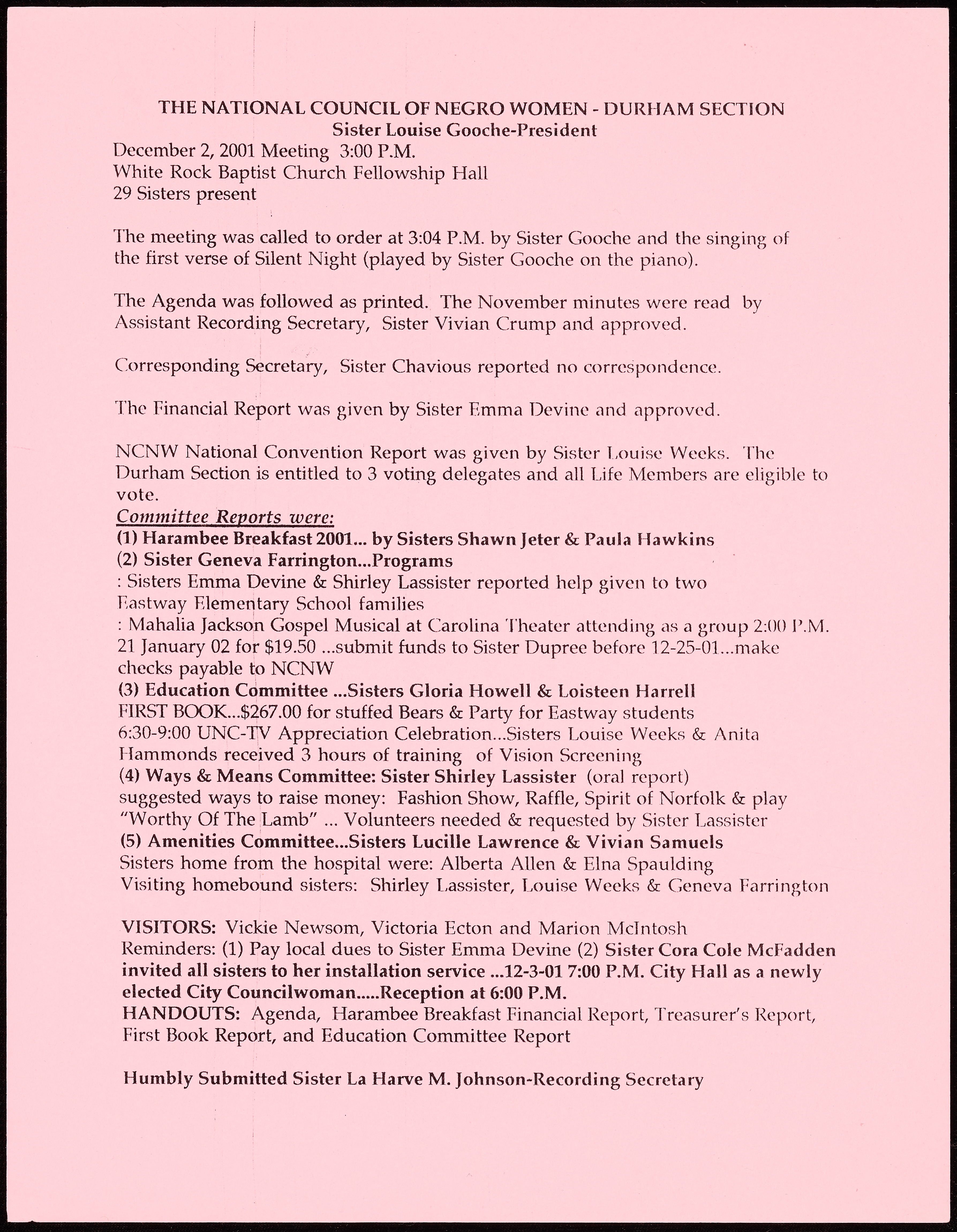 National Council of Negro Women, Inc. Durham Section Minutes [2002]