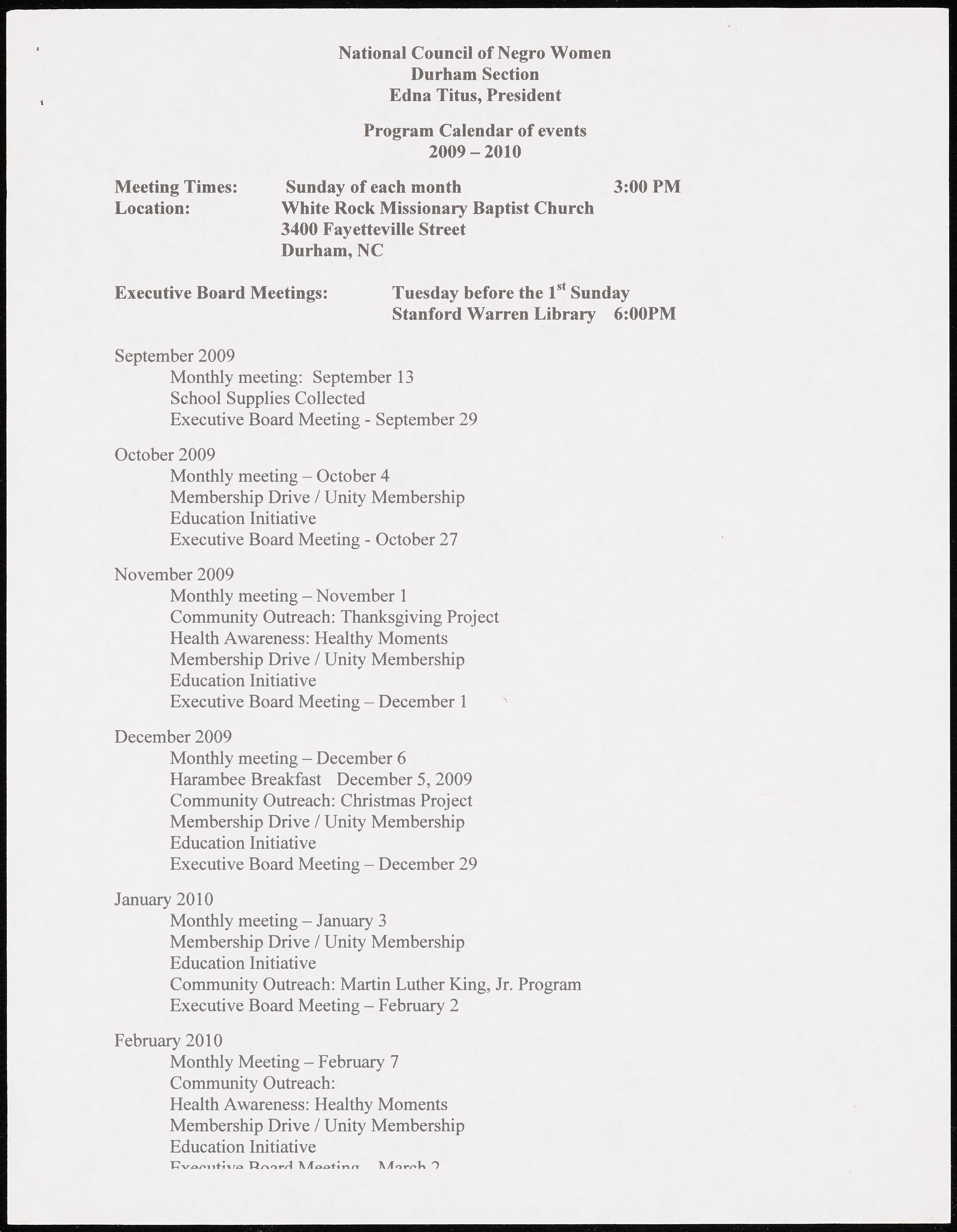 National Council of Negro Women, Inc. Durham Section Program Calendar ...