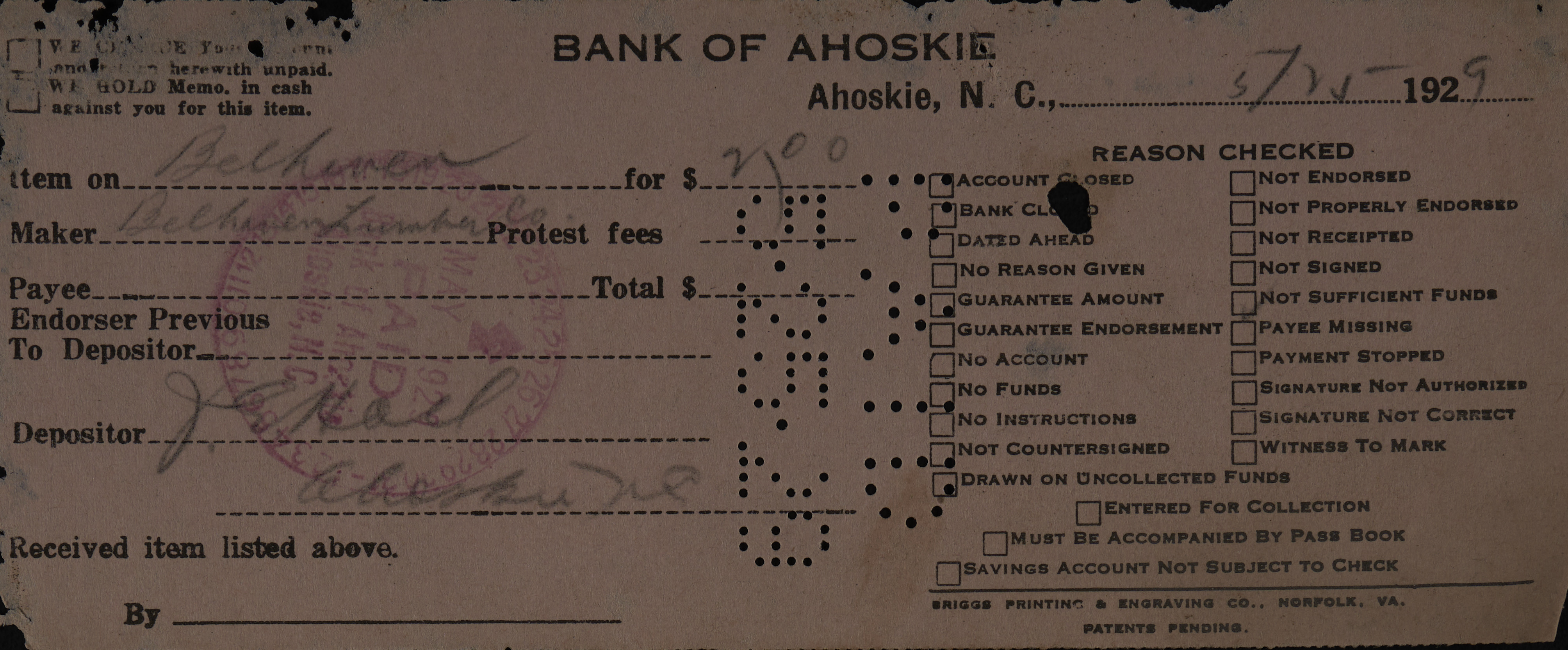 Bank of Ahoskie Checks: 1920-1932