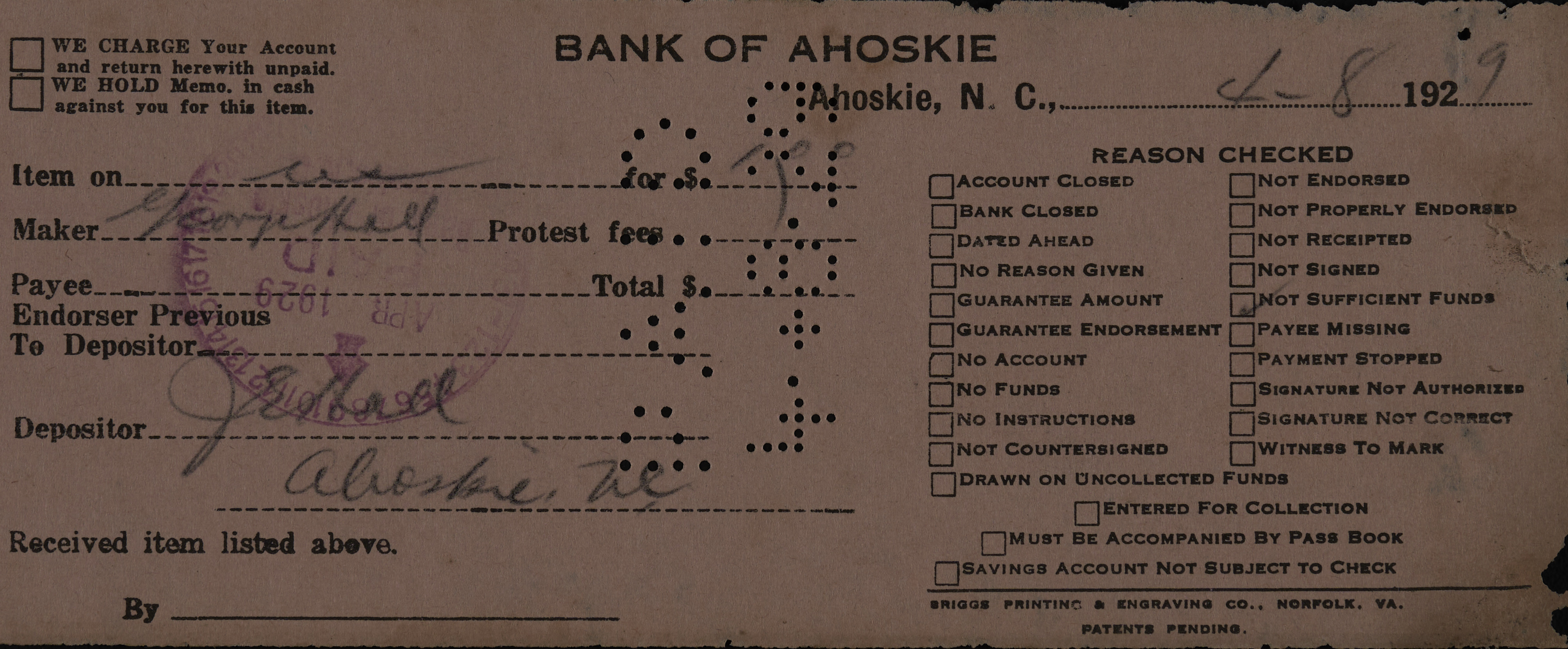 Bank of Ahoskie Checks: 1920-1932