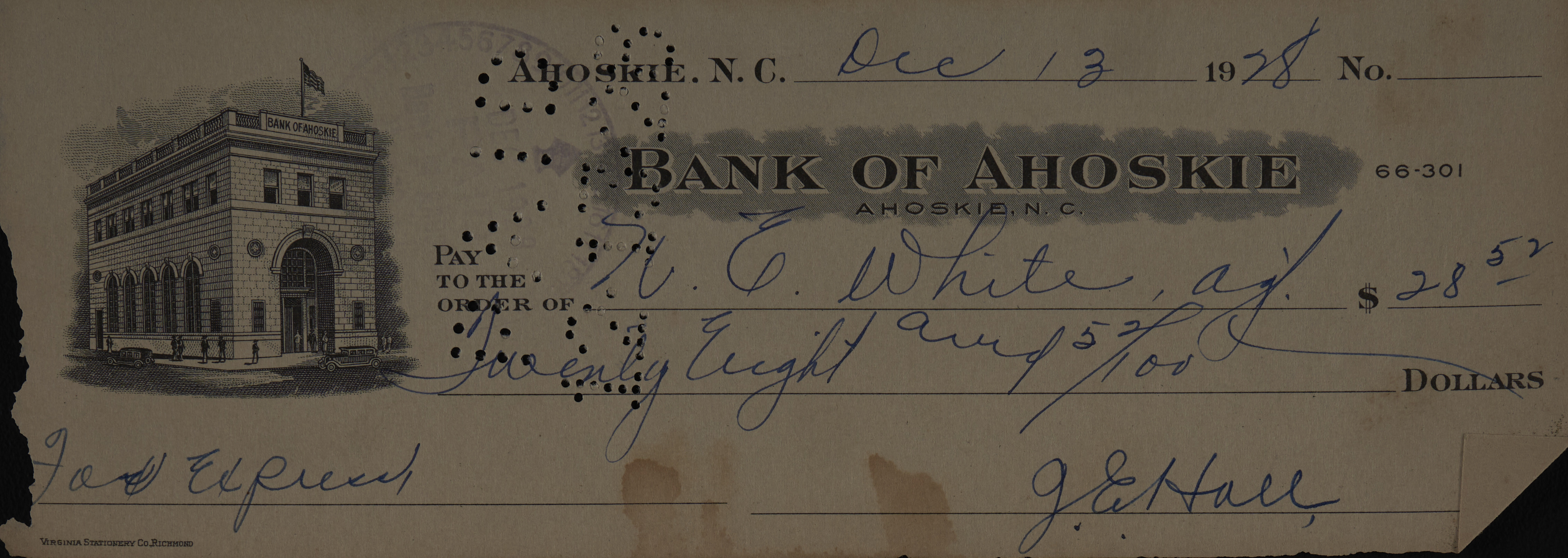 Bank of Ahoskie Checks: 1920-1932