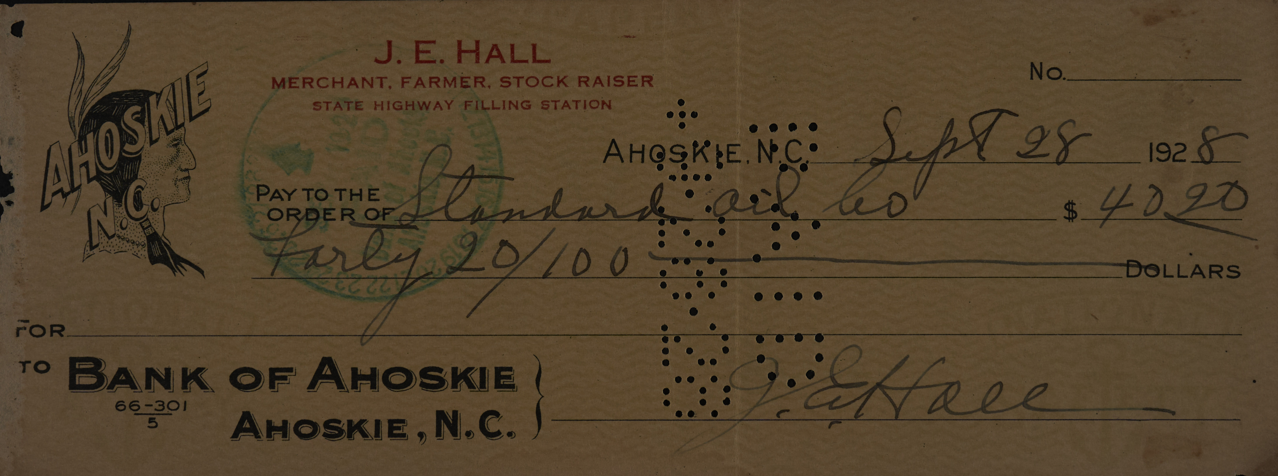 Bank of Ahoskie Checks: 1920-1932