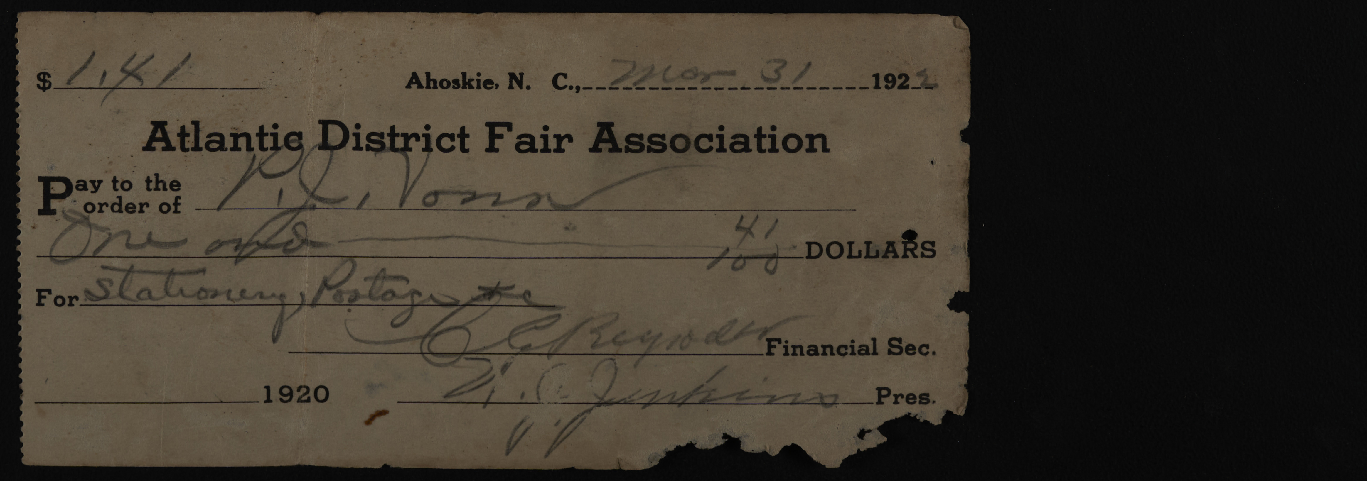 Bank of Ahoskie Checks: 1920-1932