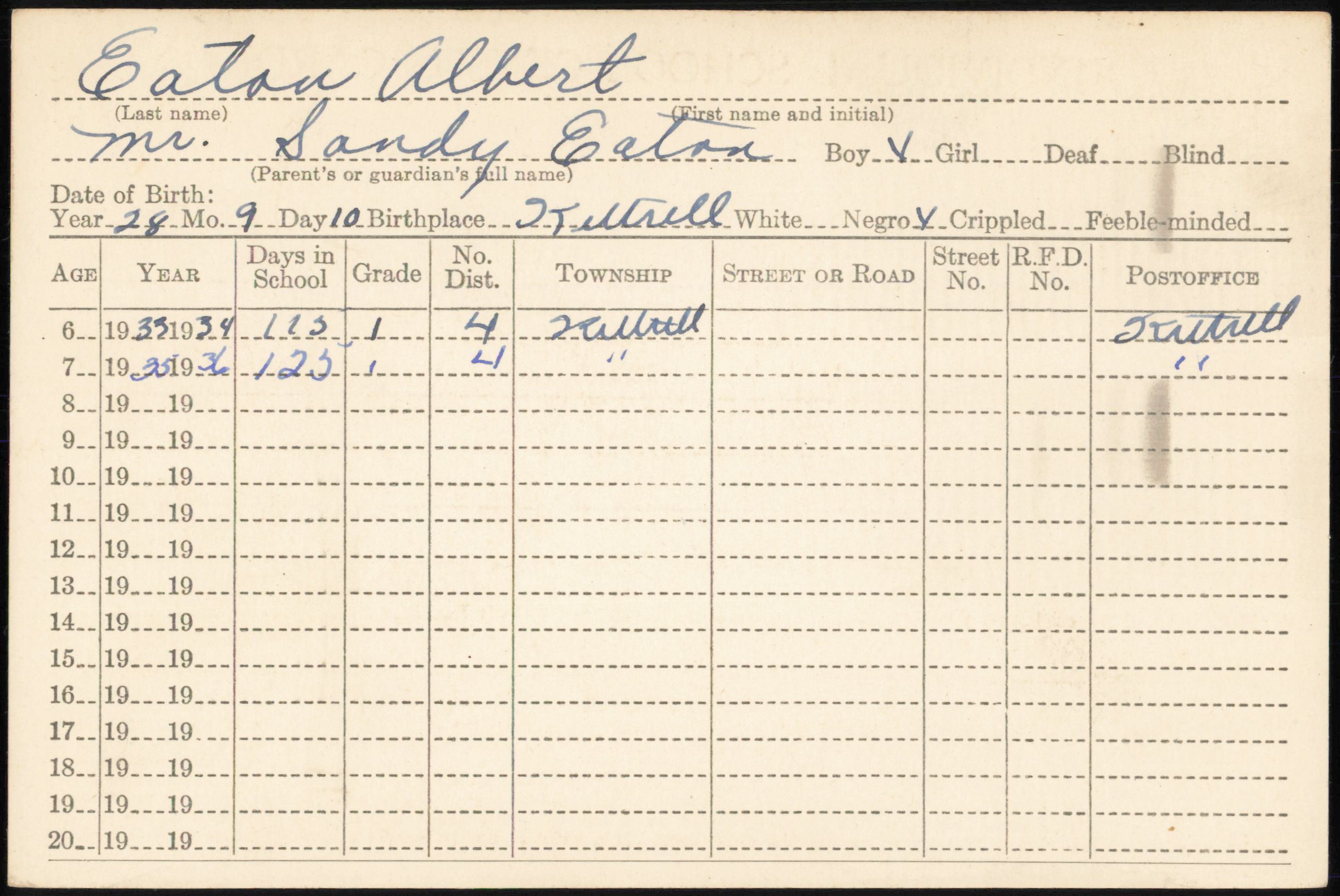 Henderson Institute Individual School Census Cards: E