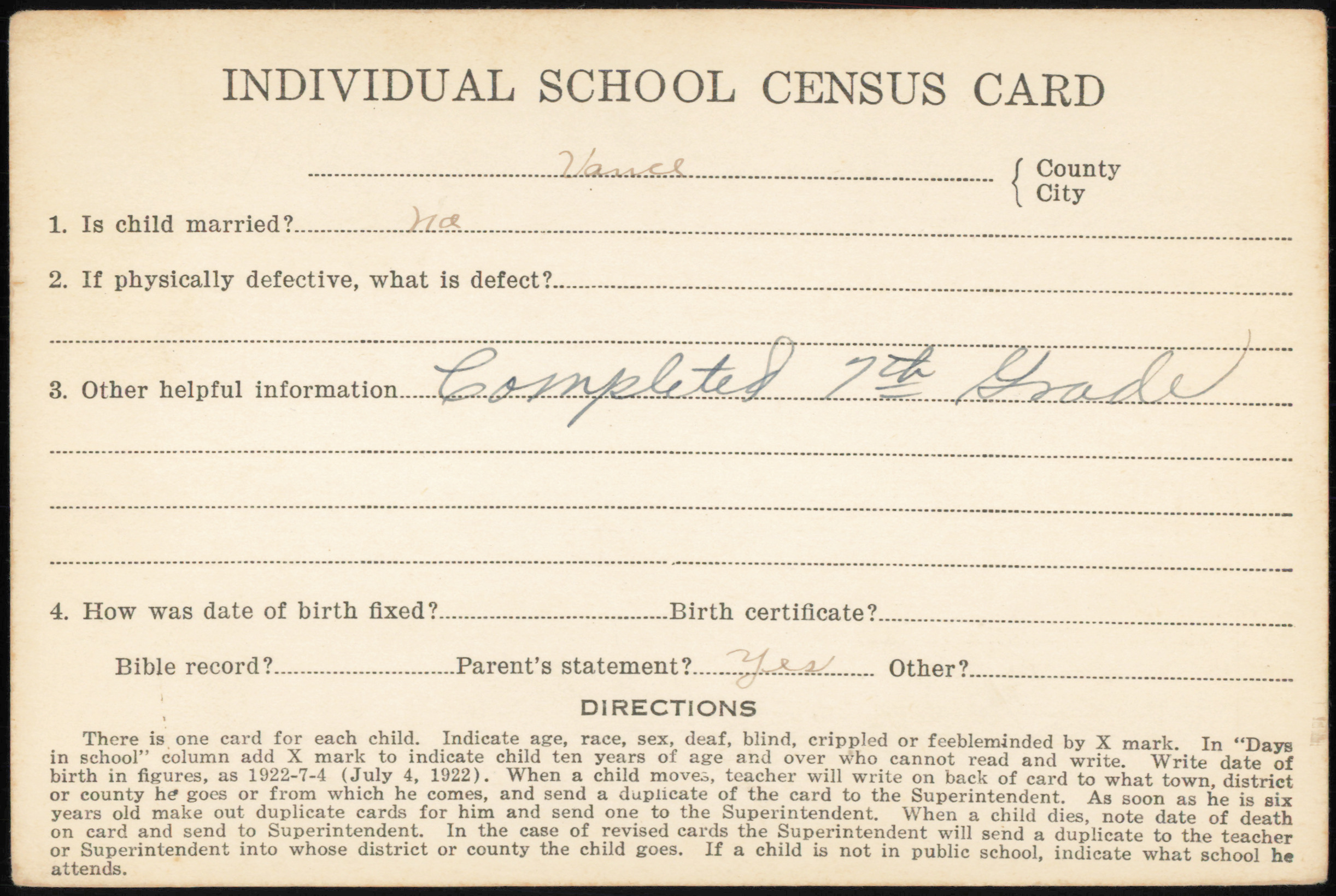 Henderson Institute Individual School Census Cards: W