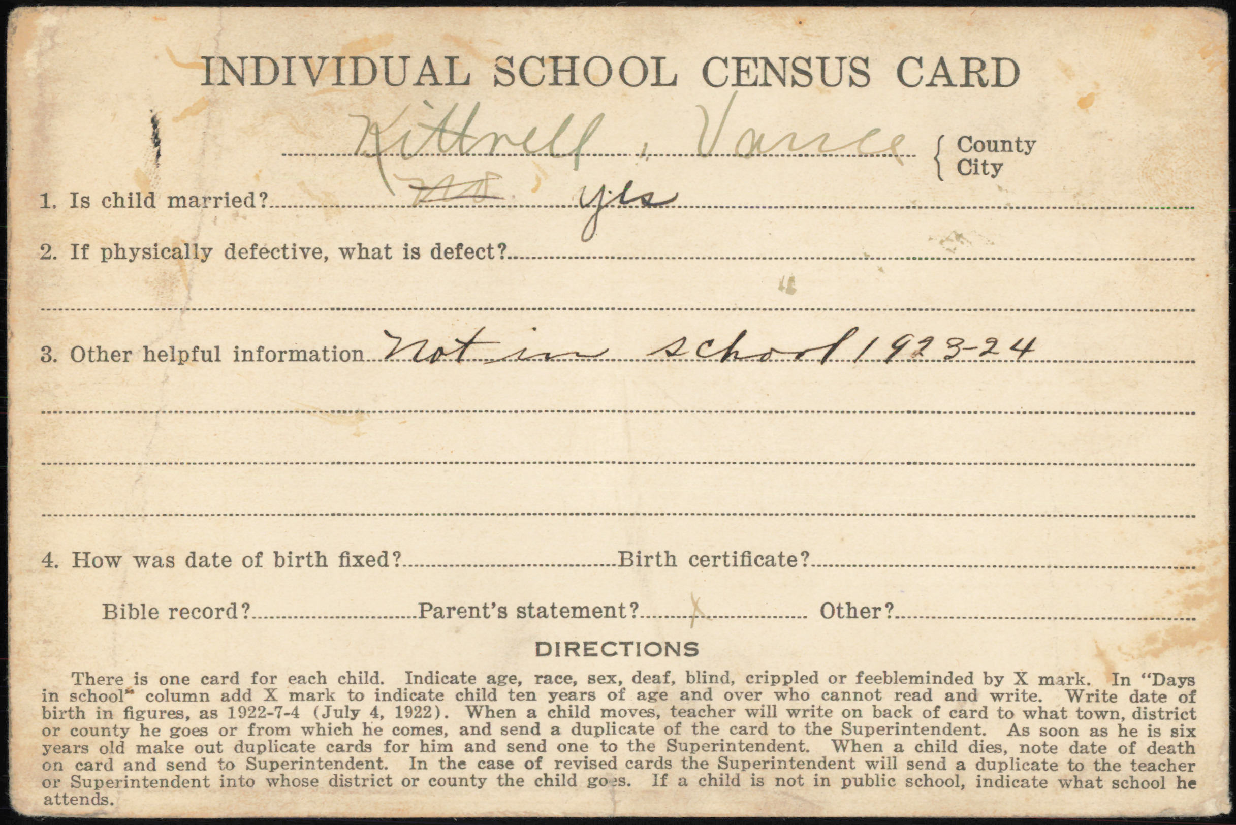 Henderson Institute Individual School Census Cards: Y