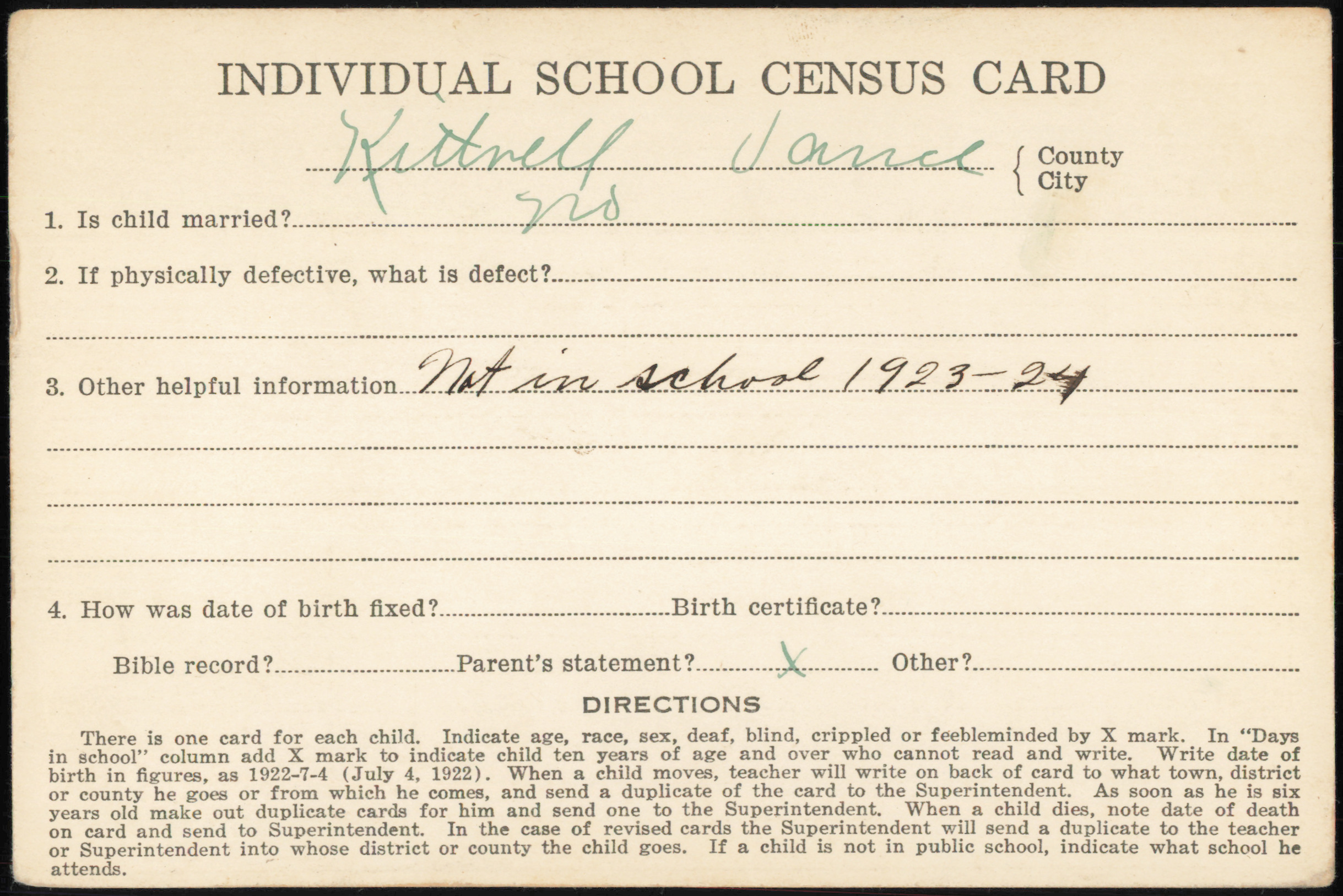 Henderson Institute Individual School Census Cards: Y