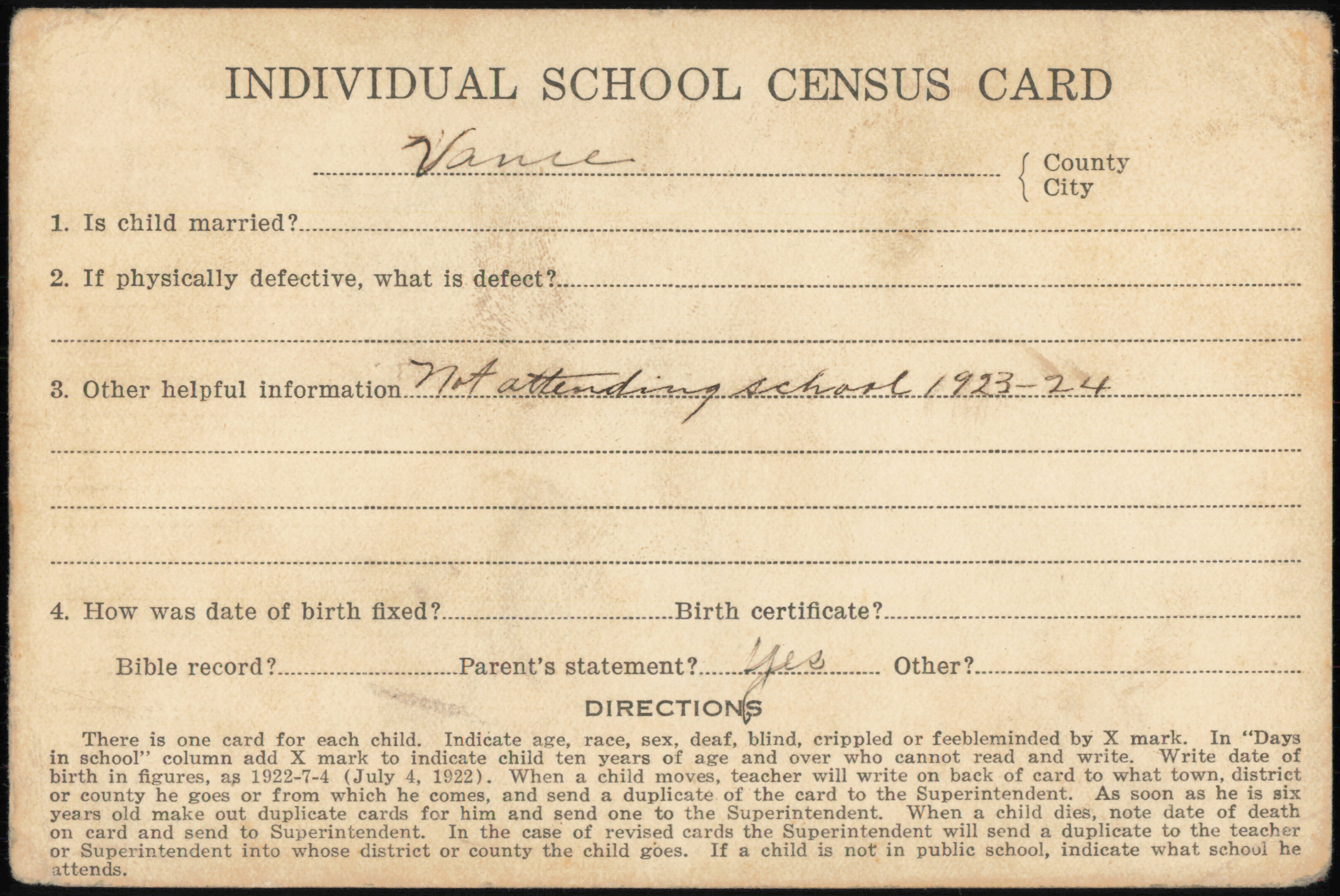Henderson Institute Individual School Census Cards: Y