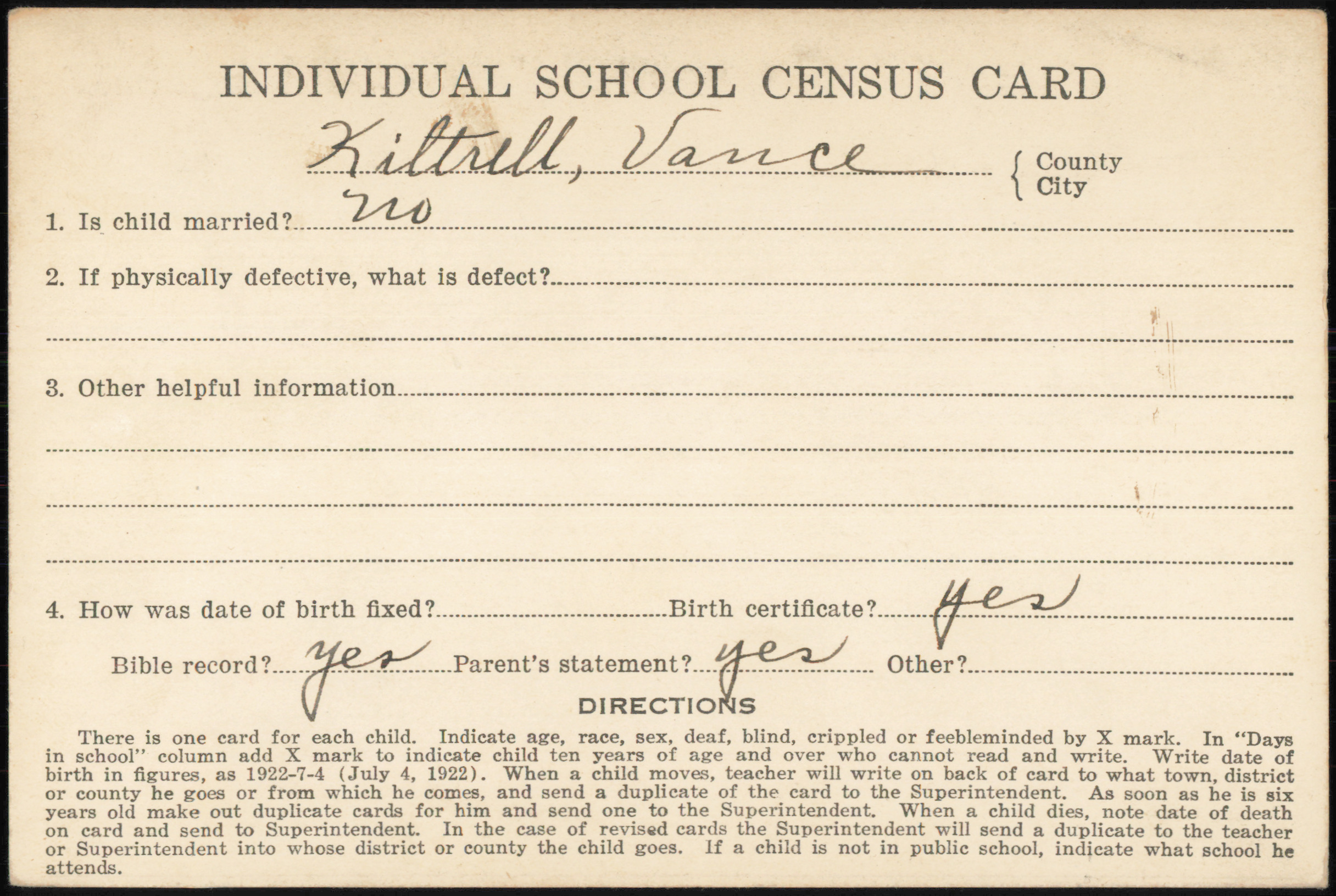 Henderson Institute Individual School Census Cards: Y