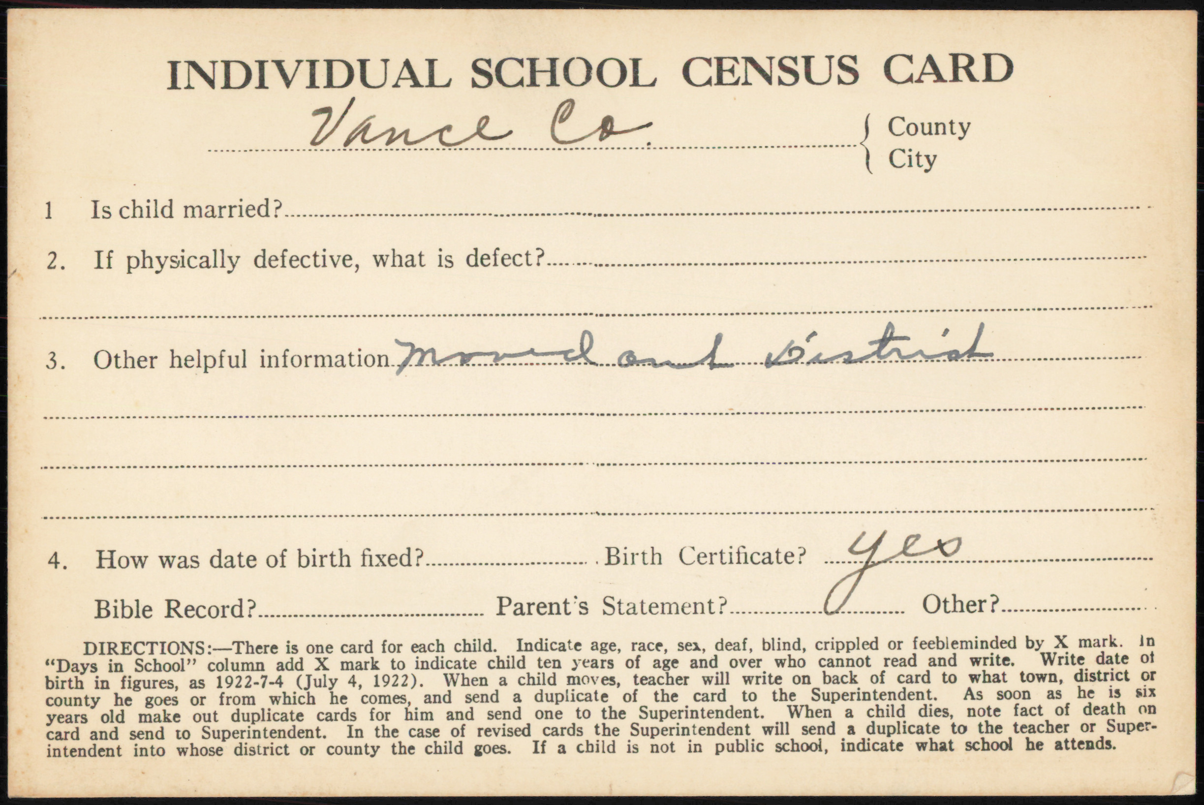 Henderson Institute Individual School Census Cards: I