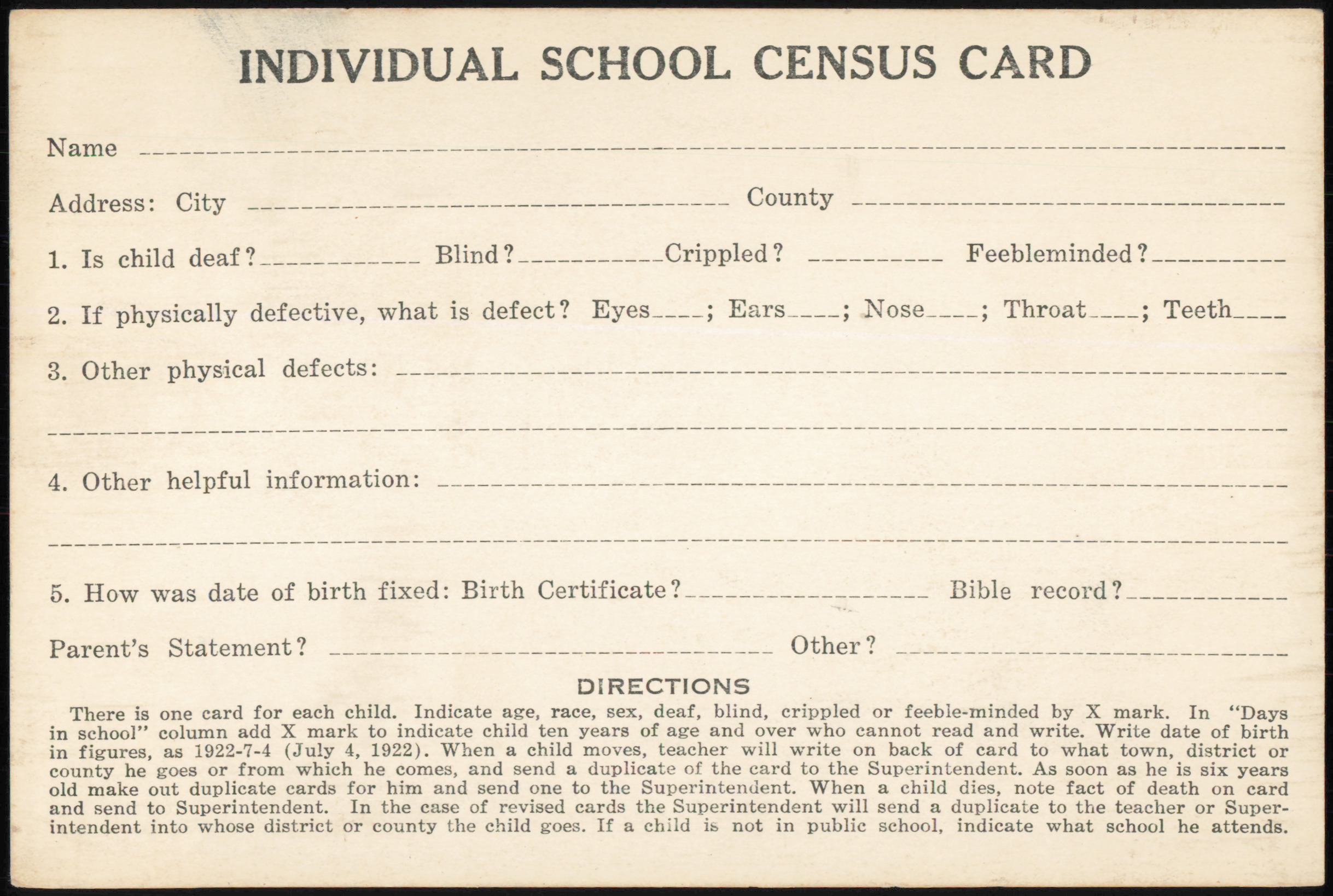 Henderson Institute Individual School Census Cards: O