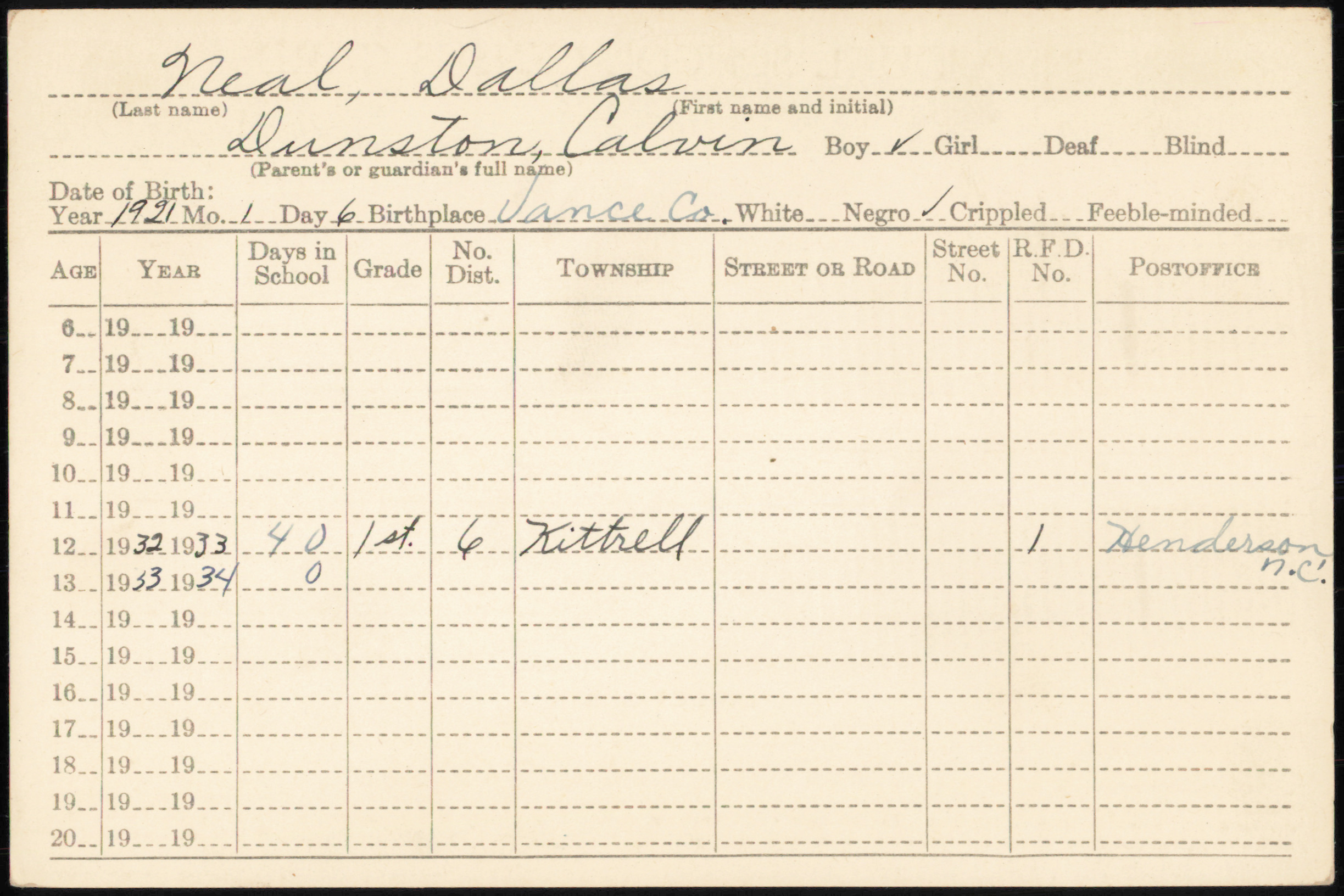 Henderson Institute Individual School Census Cards: N