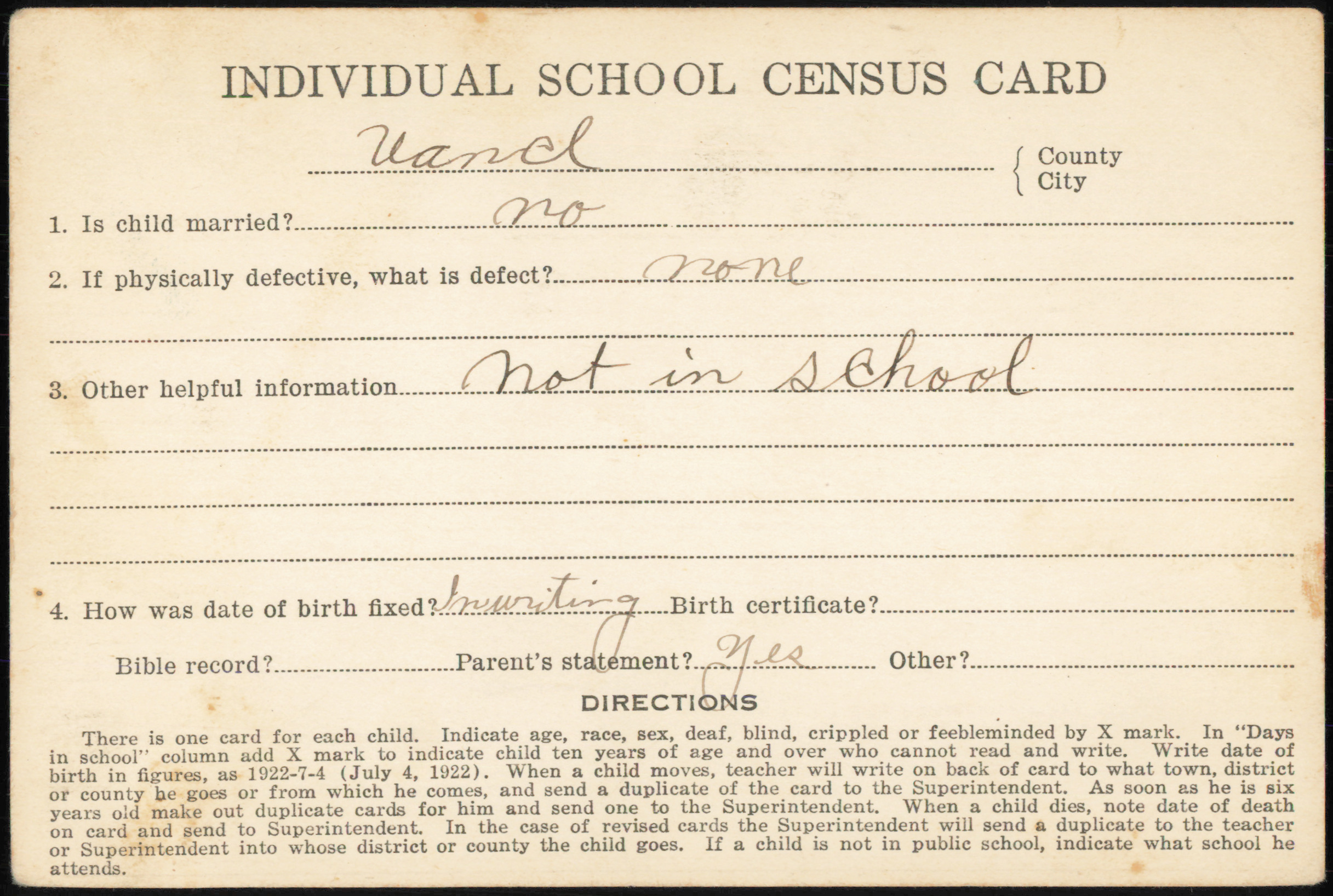 Henderson Institute Individual School Census Cards: P