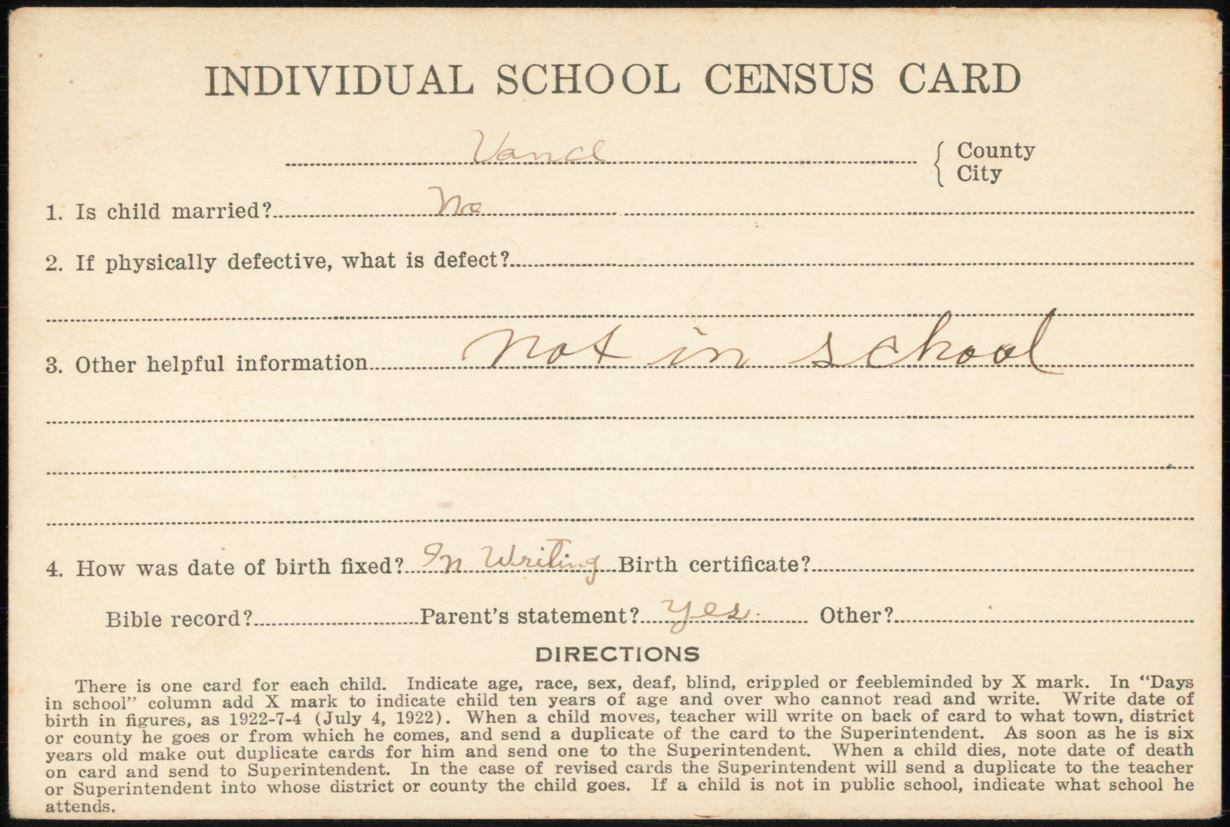 Henderson Institute Individual School Census Cards: P