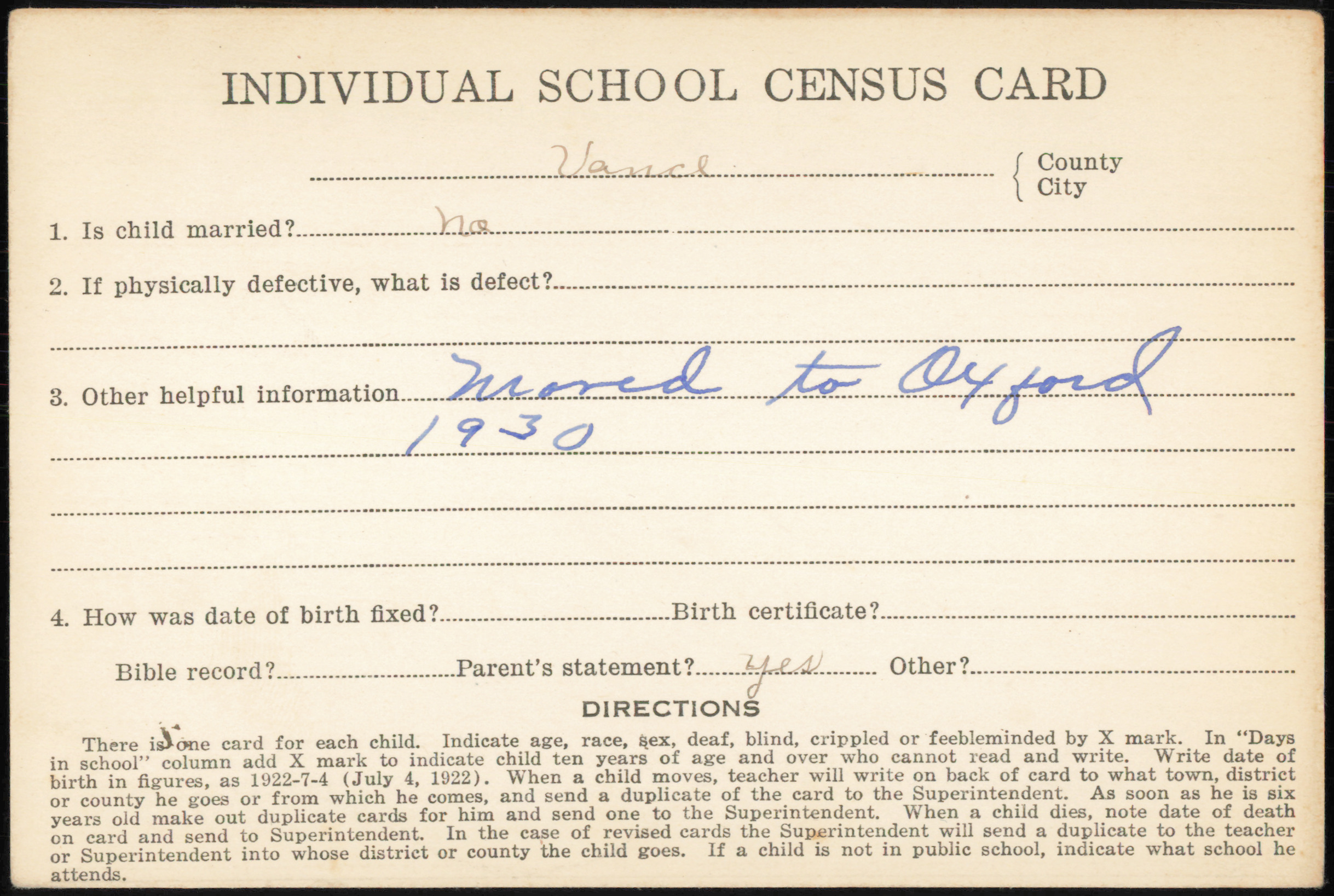 Henderson Institute Individual School Census Cards: P