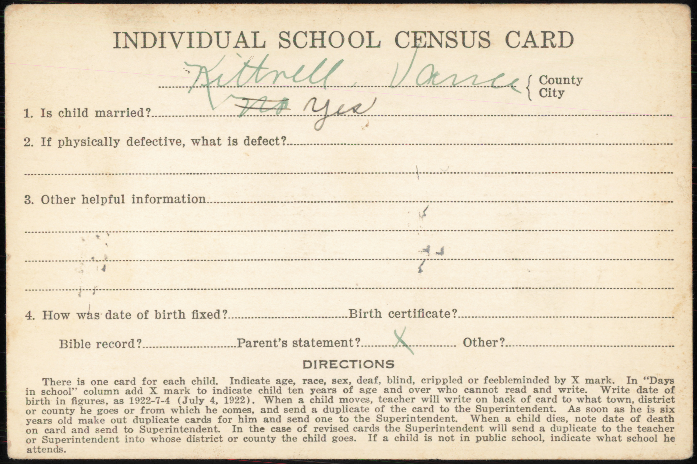 Henderson Institute Individual School Census Cards: T