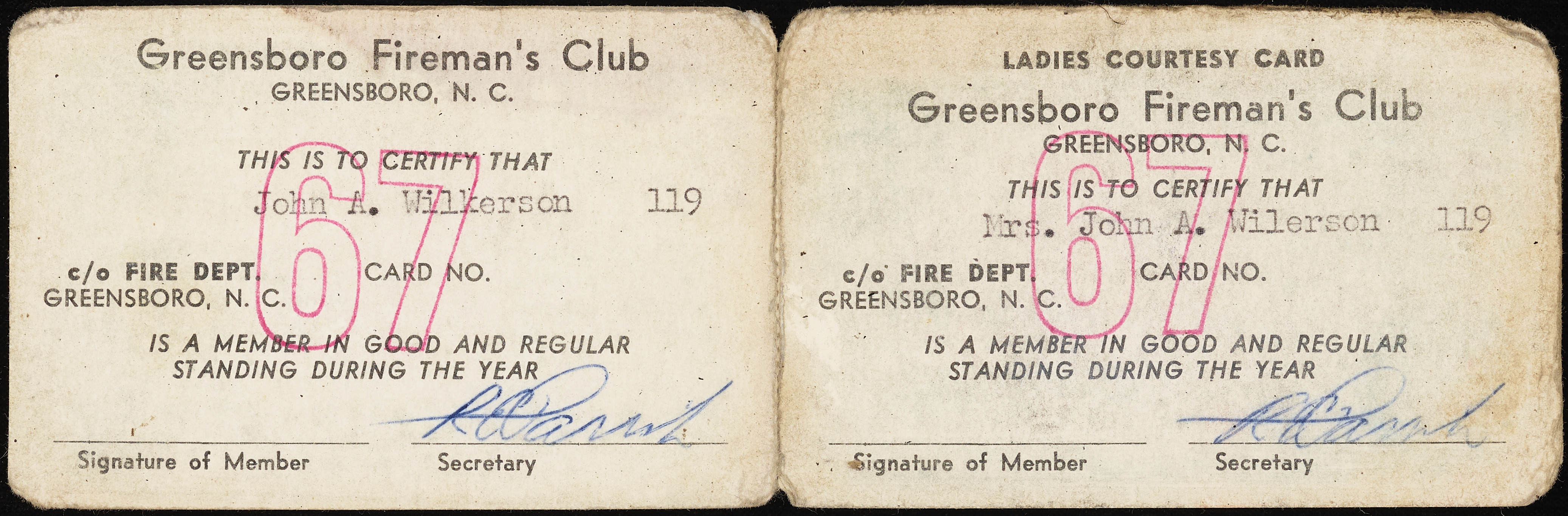 Greensboro Fireman's Club Membership Cards