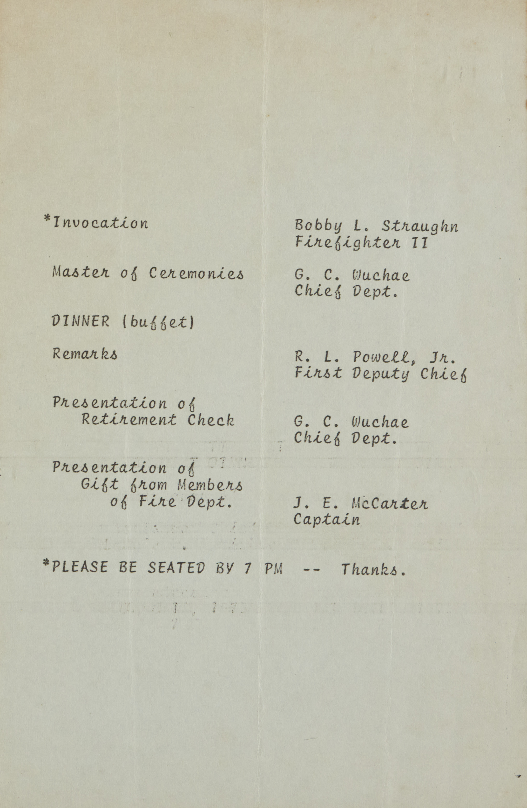 Retirement Dinner in Honor of Assistant Chief Lonnie P. Sprinkle