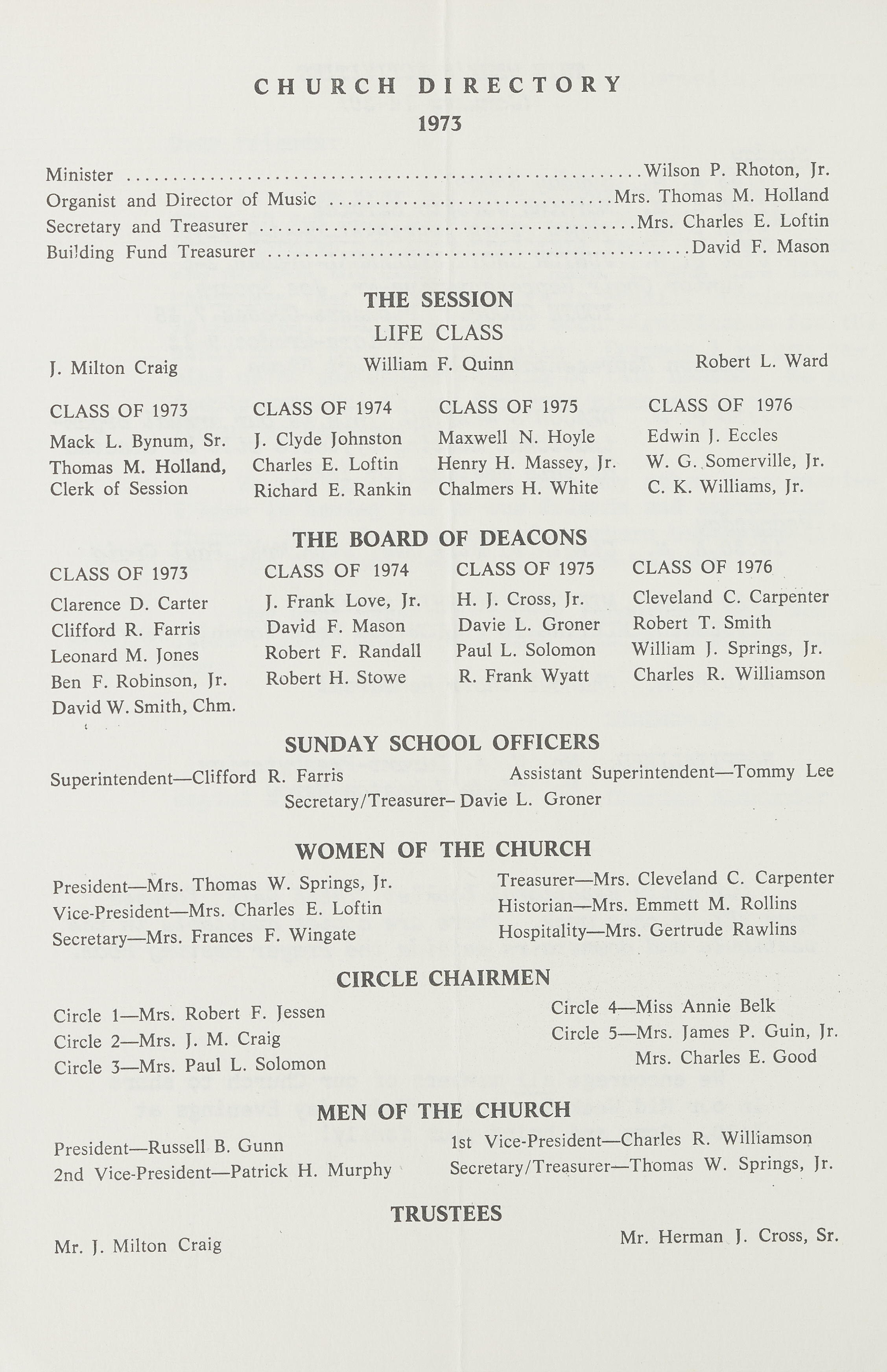 Mount Holly Presbyterian Church Bulletins [1973-75]