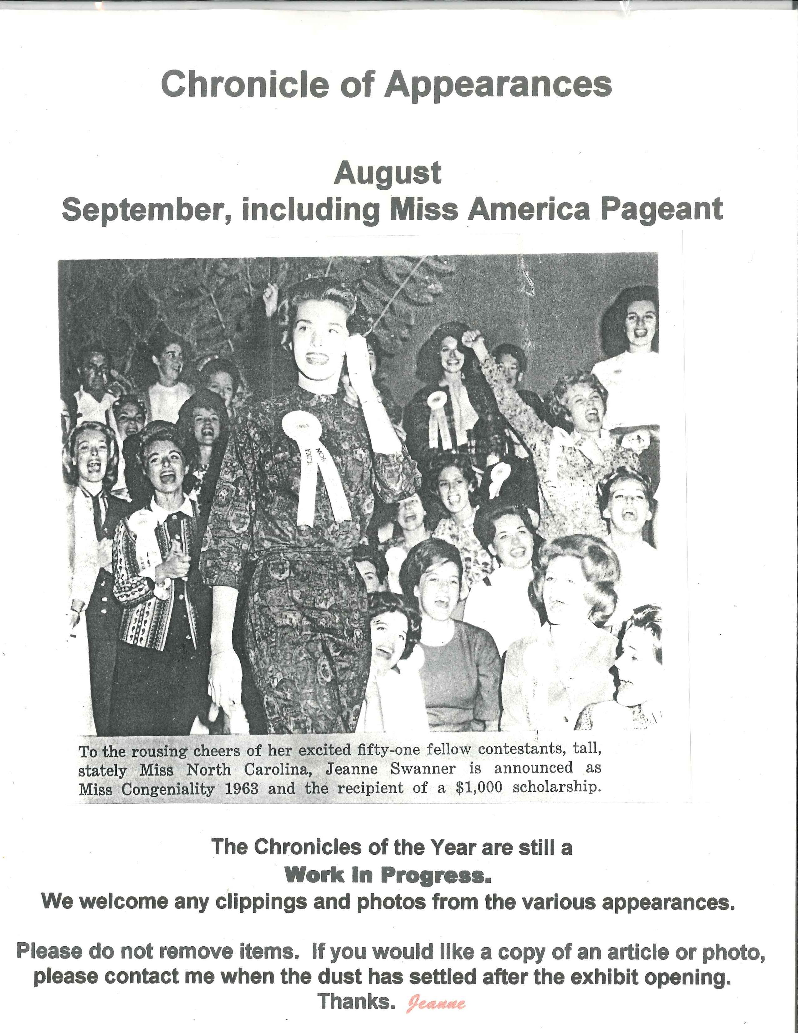 Chronicle of Jeanne Swanner Appearances [August-September 1963]