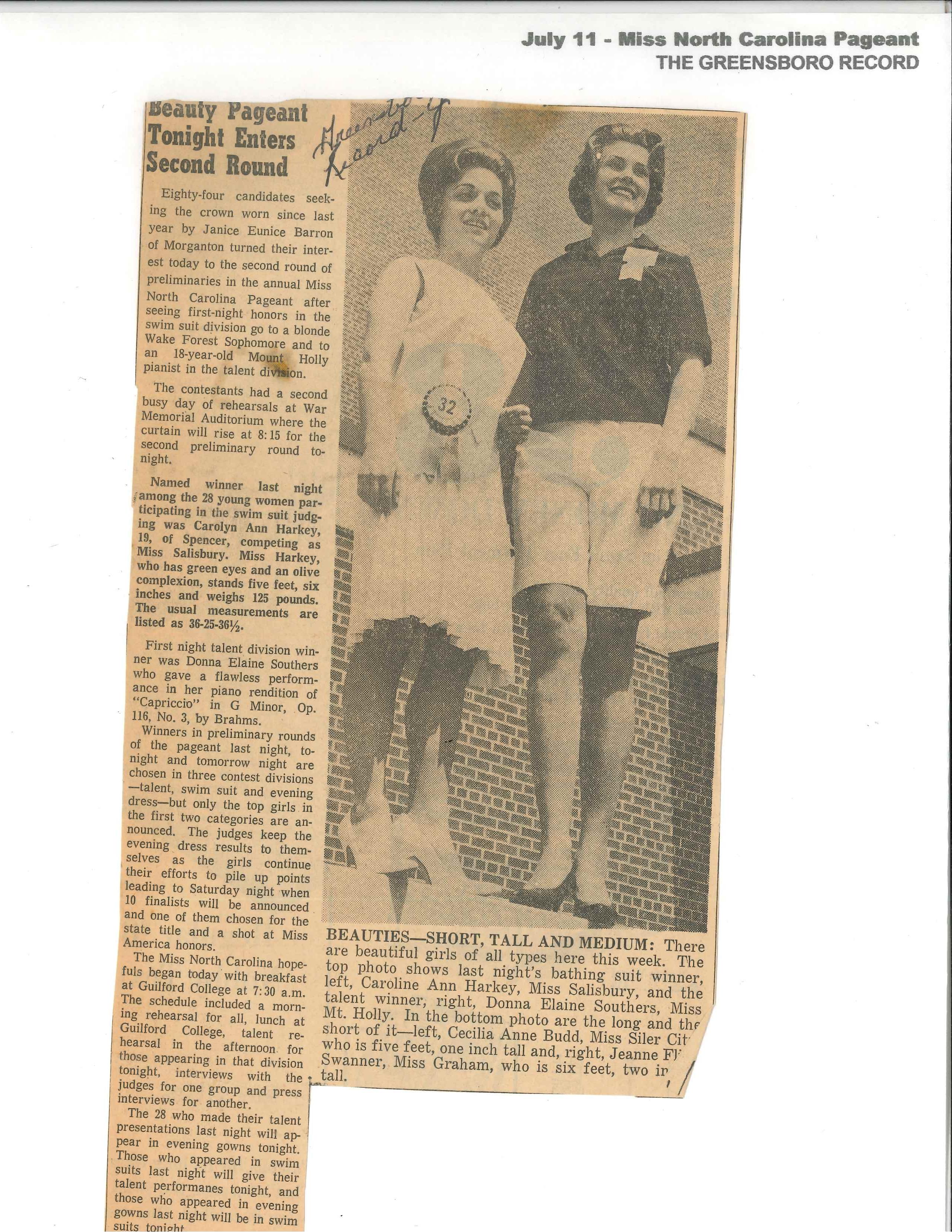 Chronicle of Miss North Carolina Pageant News Articles, Jeanne Swanner ...