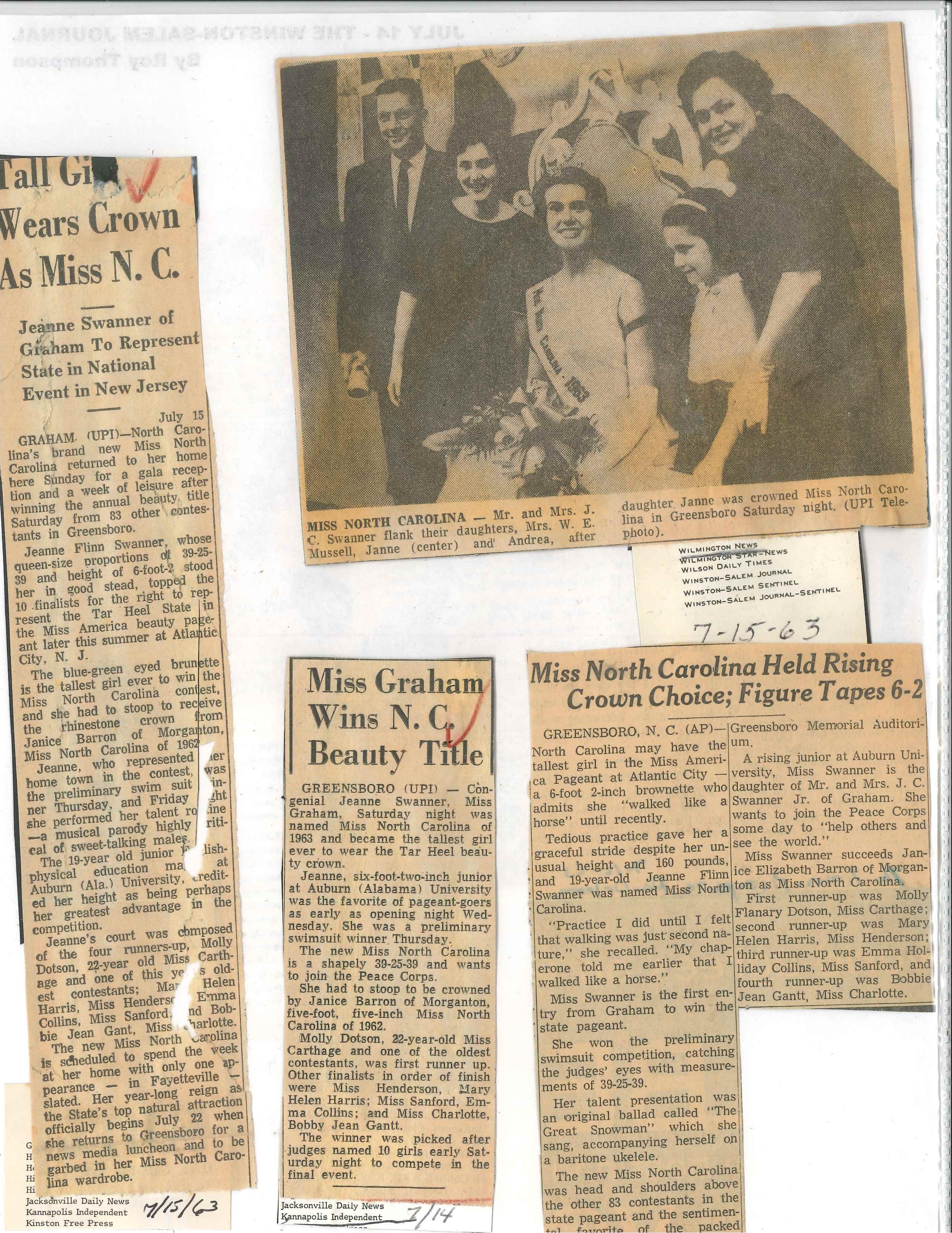 Chronicle of Miss North Carolina Pageant News Articles, Jeanne Swanner ...