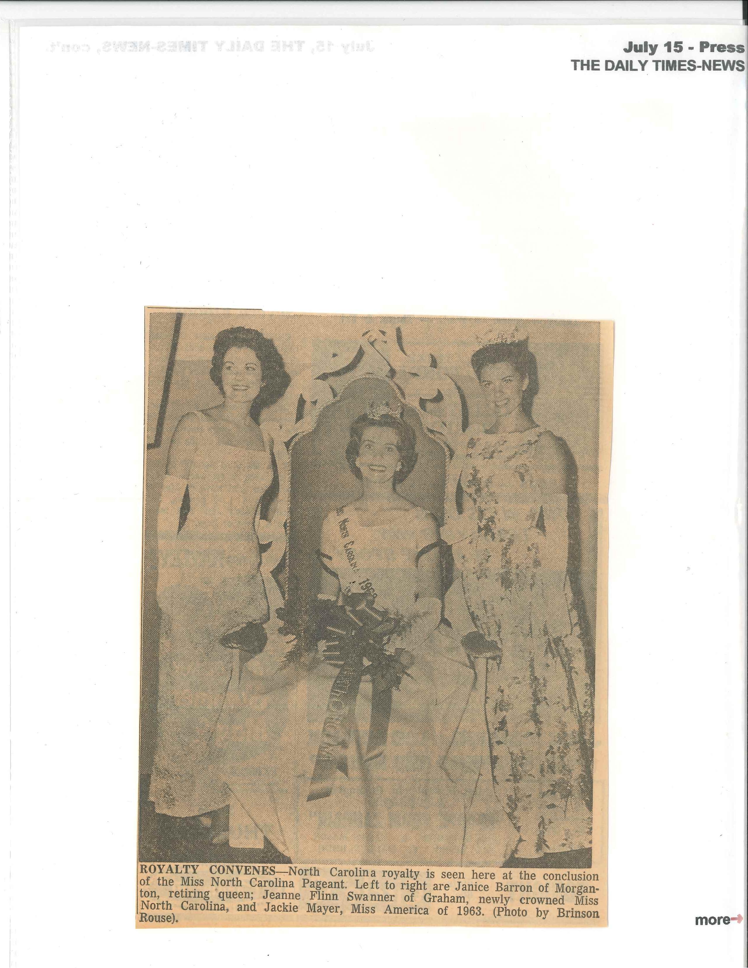 Chronicle of Miss North Carolina Pageant News Articles, Jeanne Swanner ...