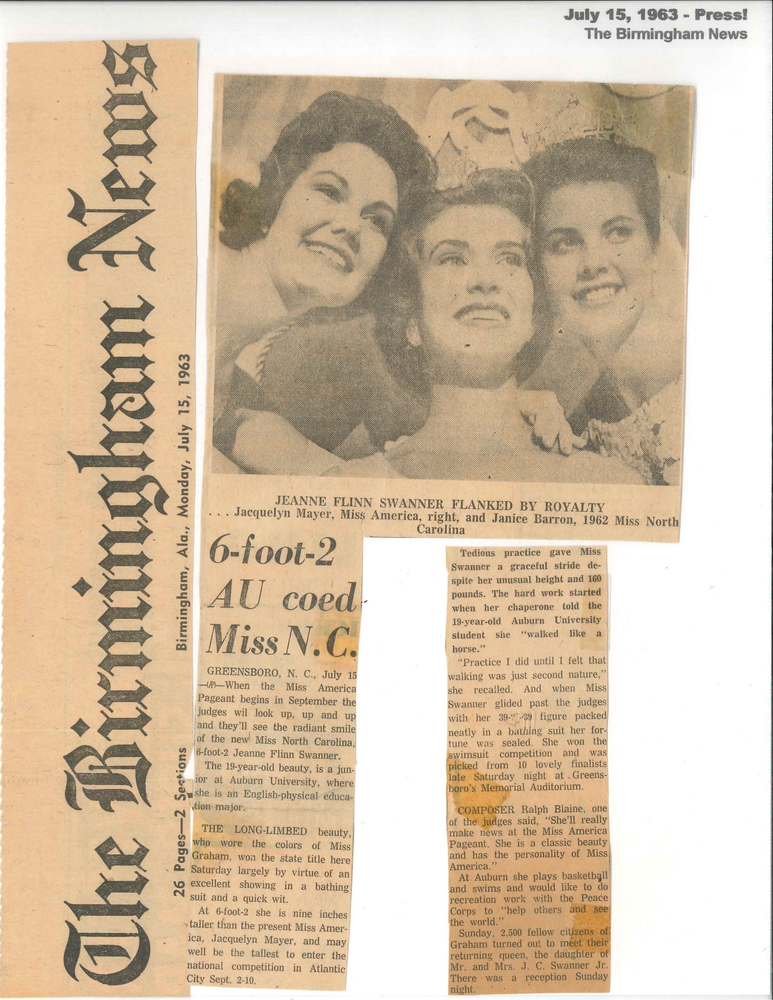 Chronicle of Miss North Carolina Pageant News Articles, Jeanne Swanner ...