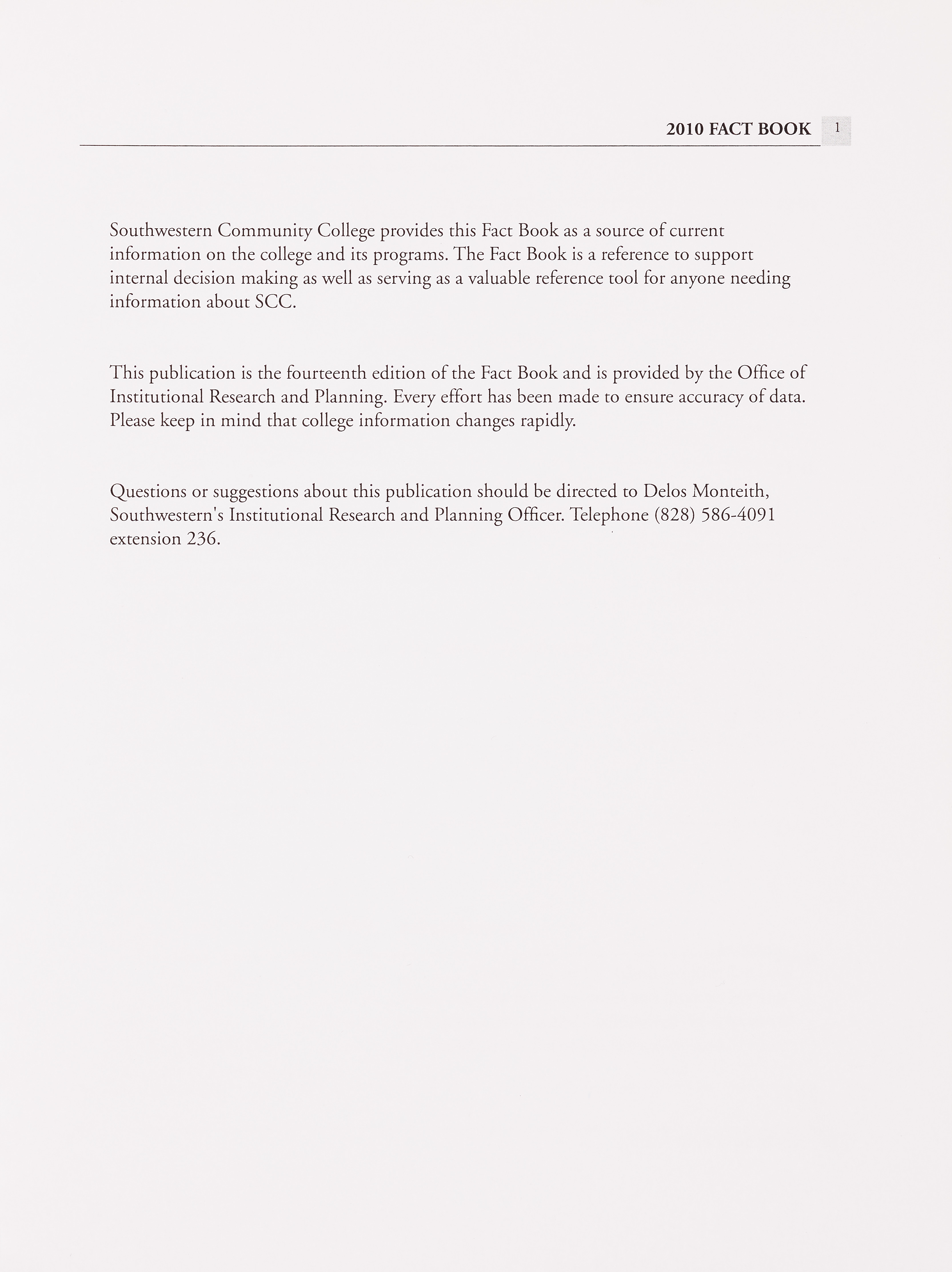 Southwestern Community College 2010 Fact Book
