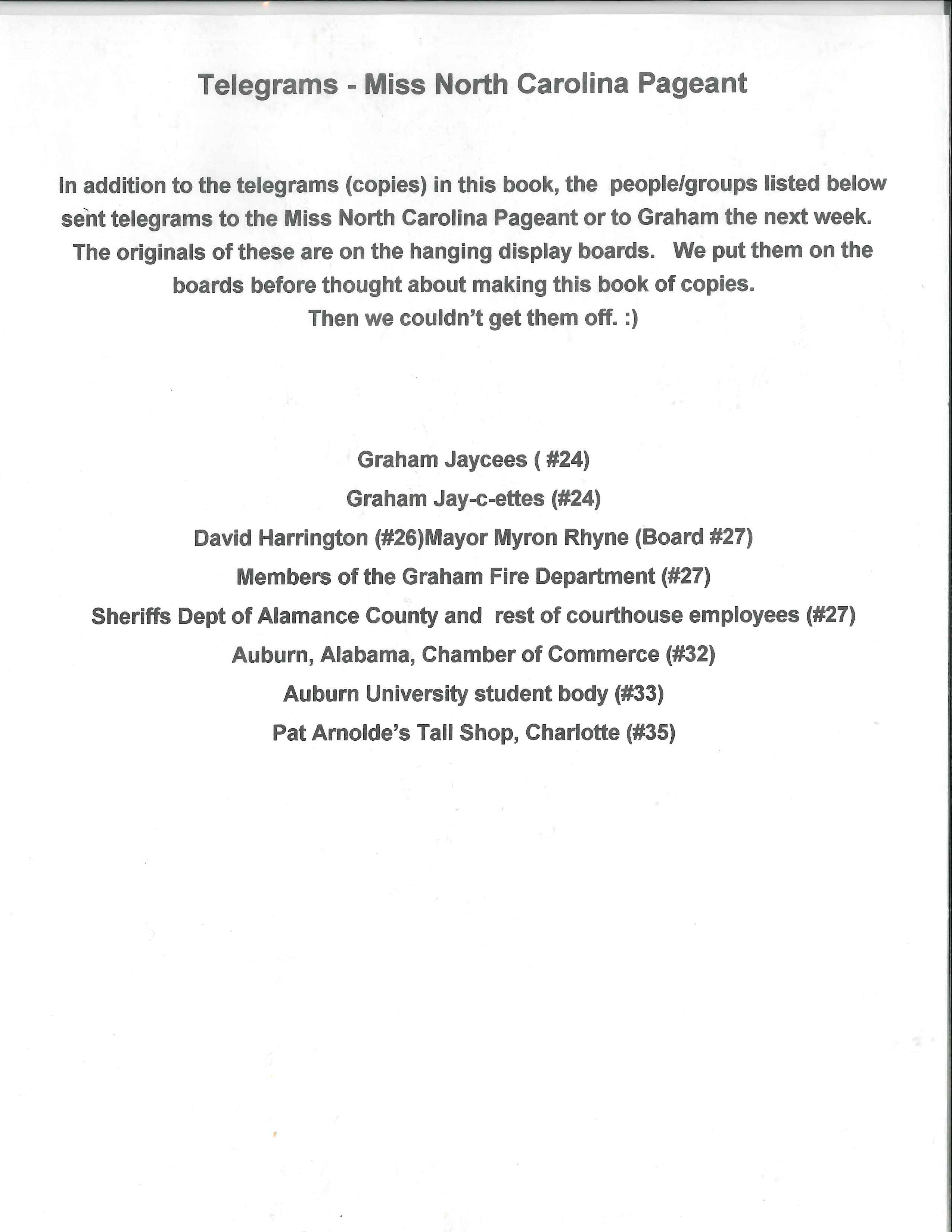 Telegrams - Miss North Carolina Pageant