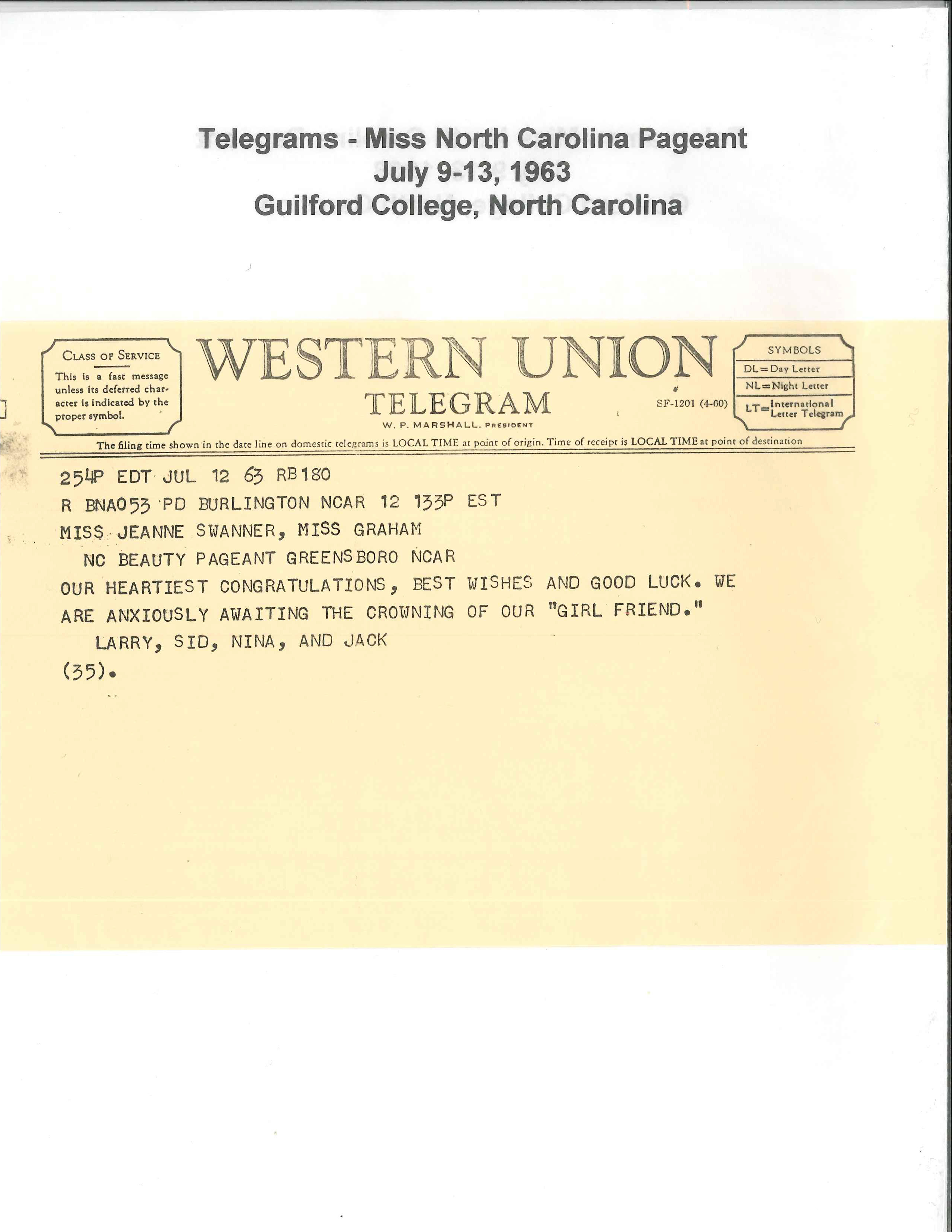 Telegrams - Miss North Carolina Pageant