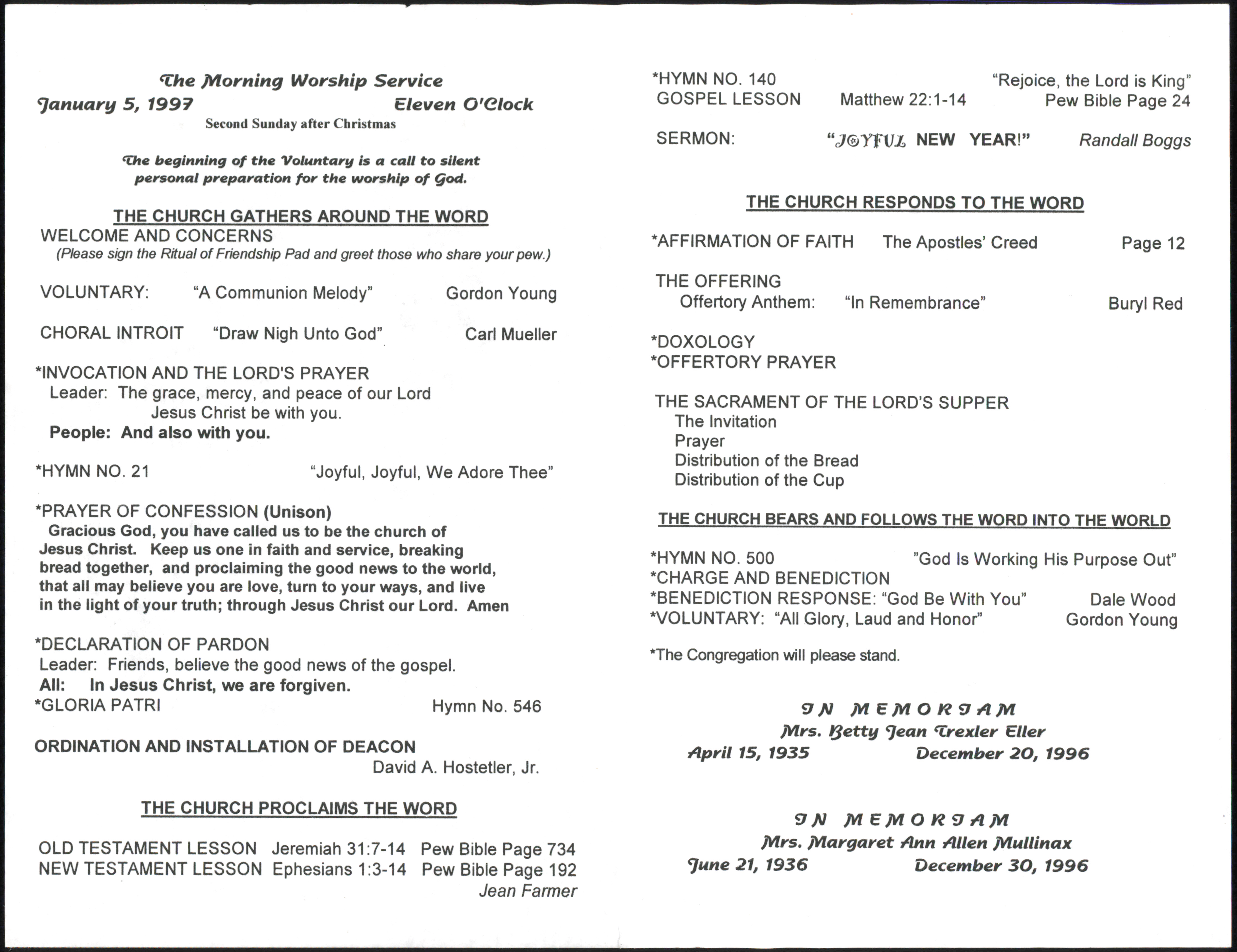Mount Holly Presbyterian Church Bulletins [1997]