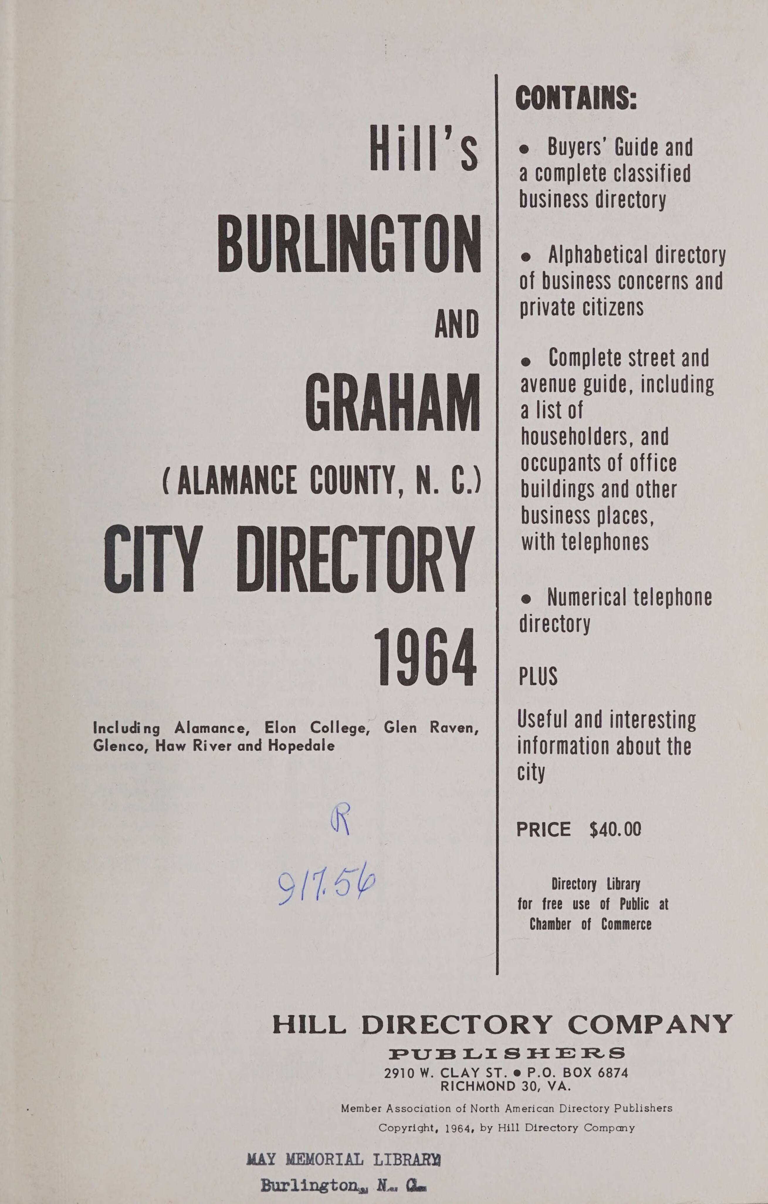 Hill's Burlington and Graham City Directory [1964]