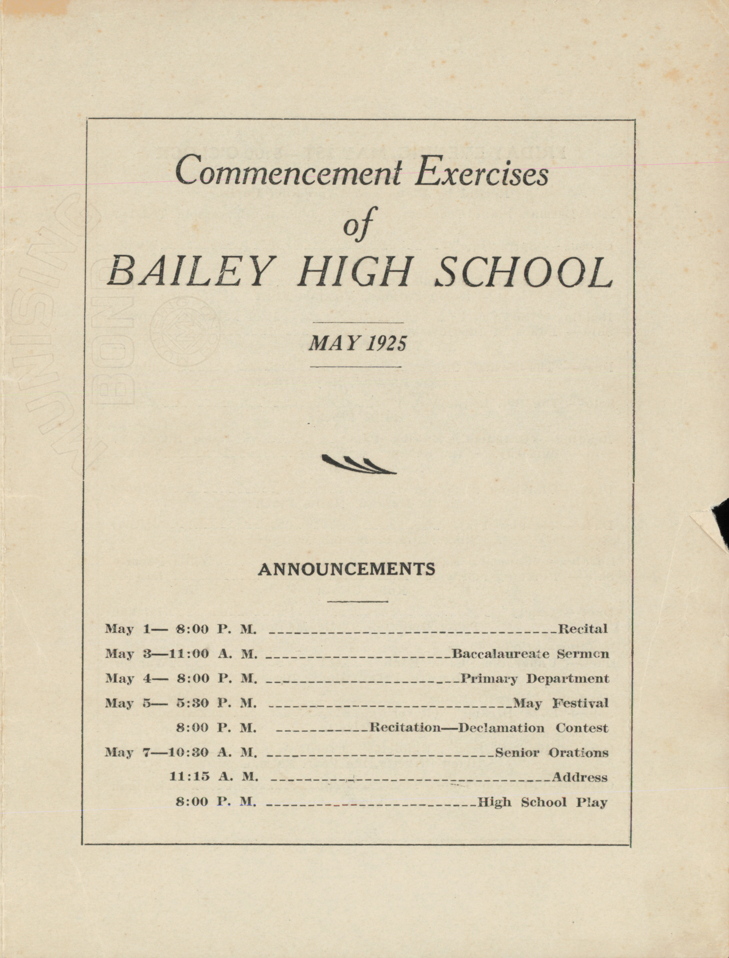 Bailey High School Commencement Program [1925]