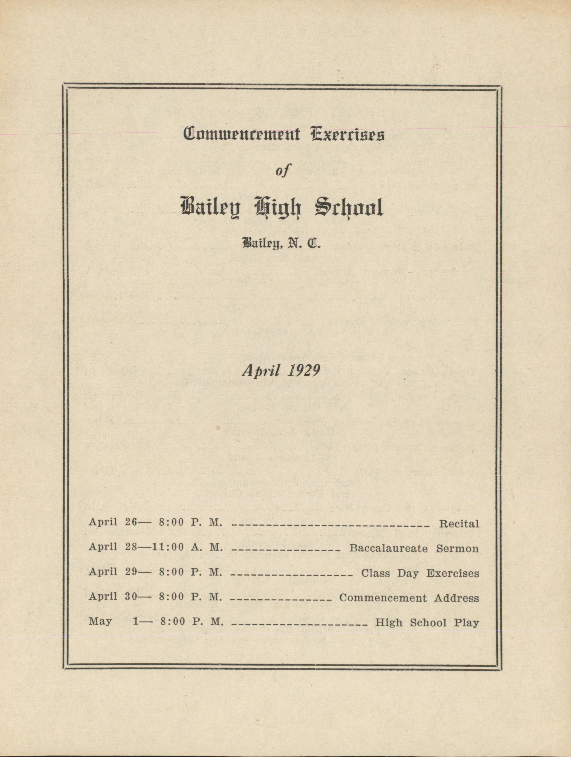 Bailey High School Commencement Program [1929]