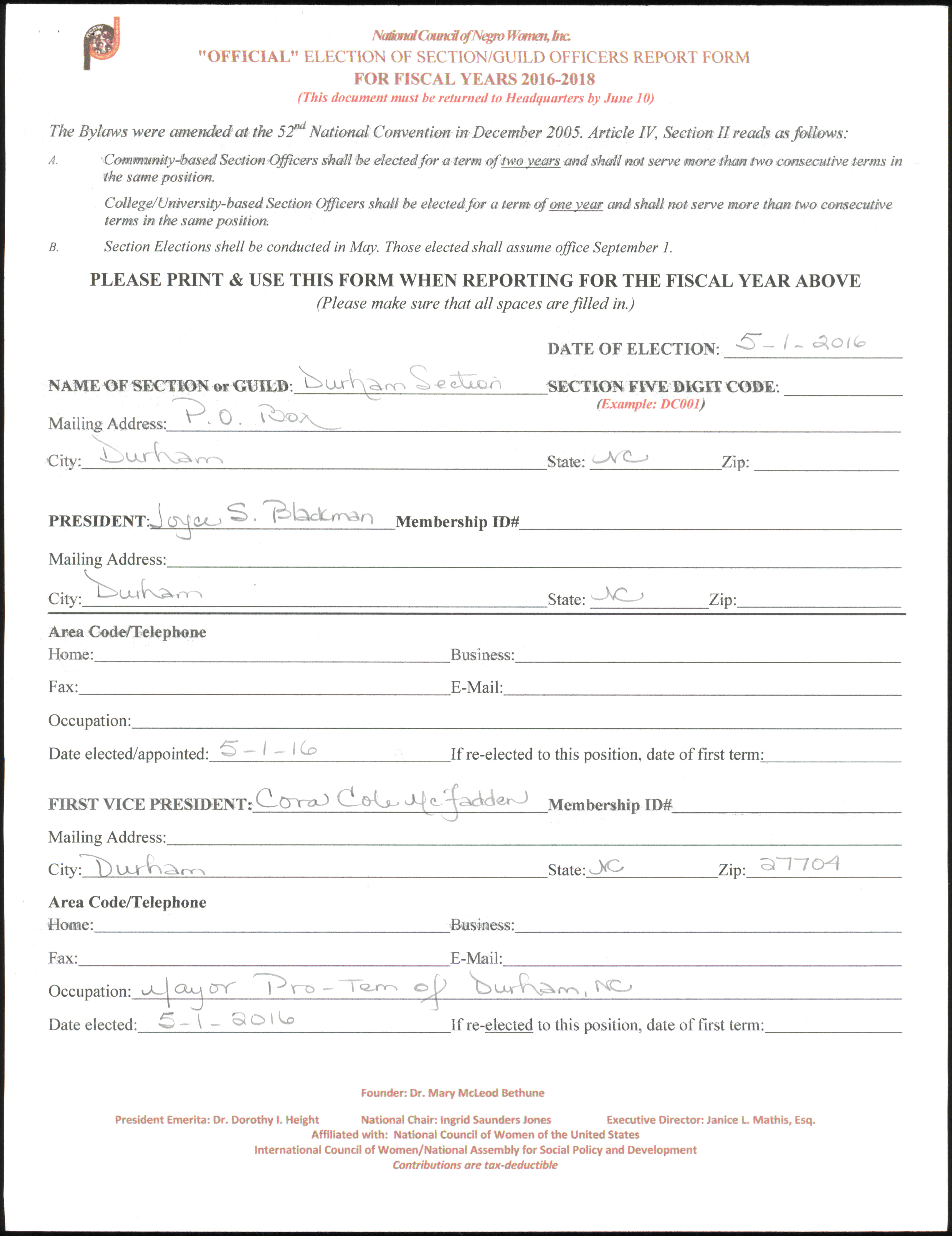 Official Election of Section/Guild Officers Report Form for Fiscal ...