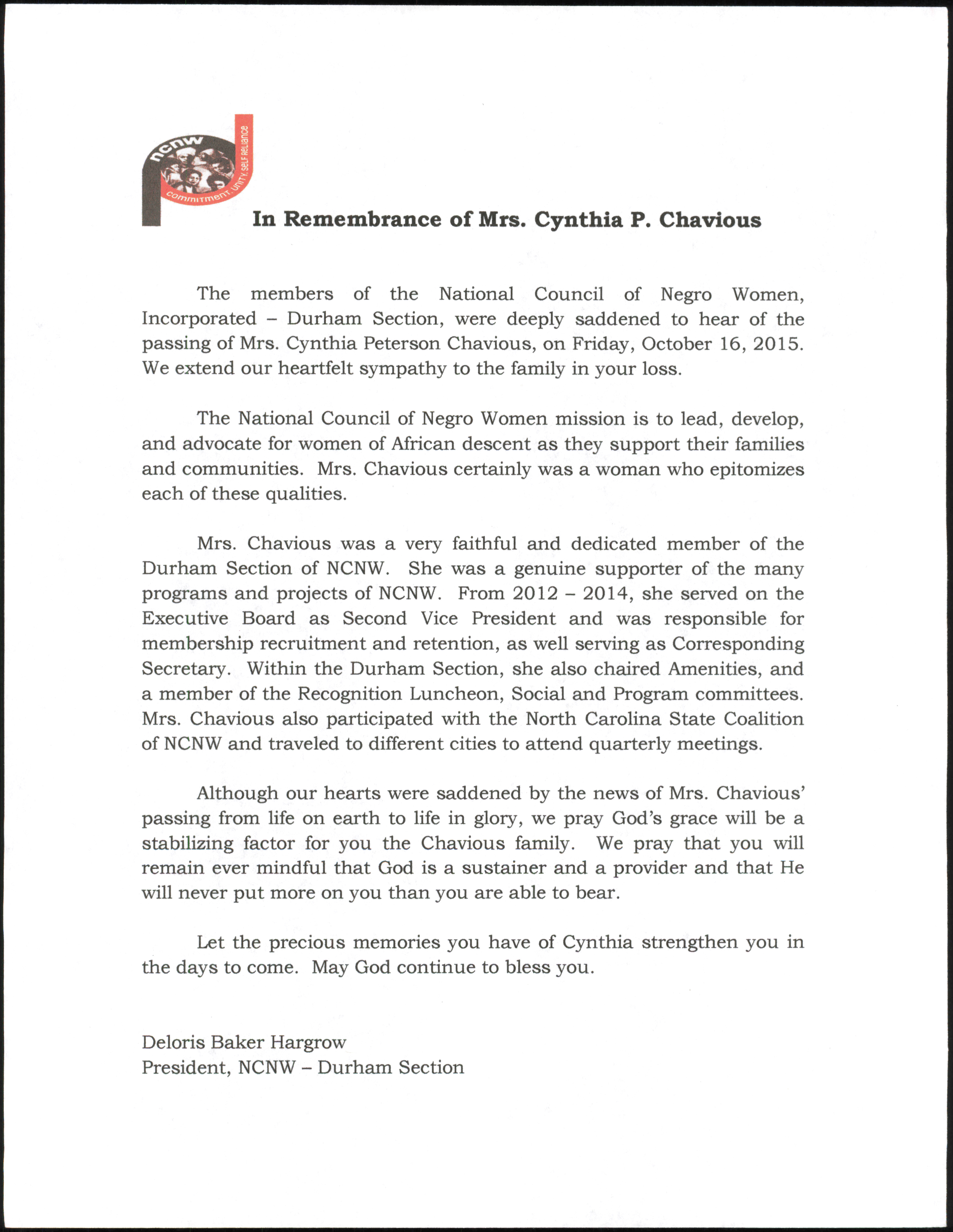 In Remembrance of Mrs. Cynthia P. Chavious