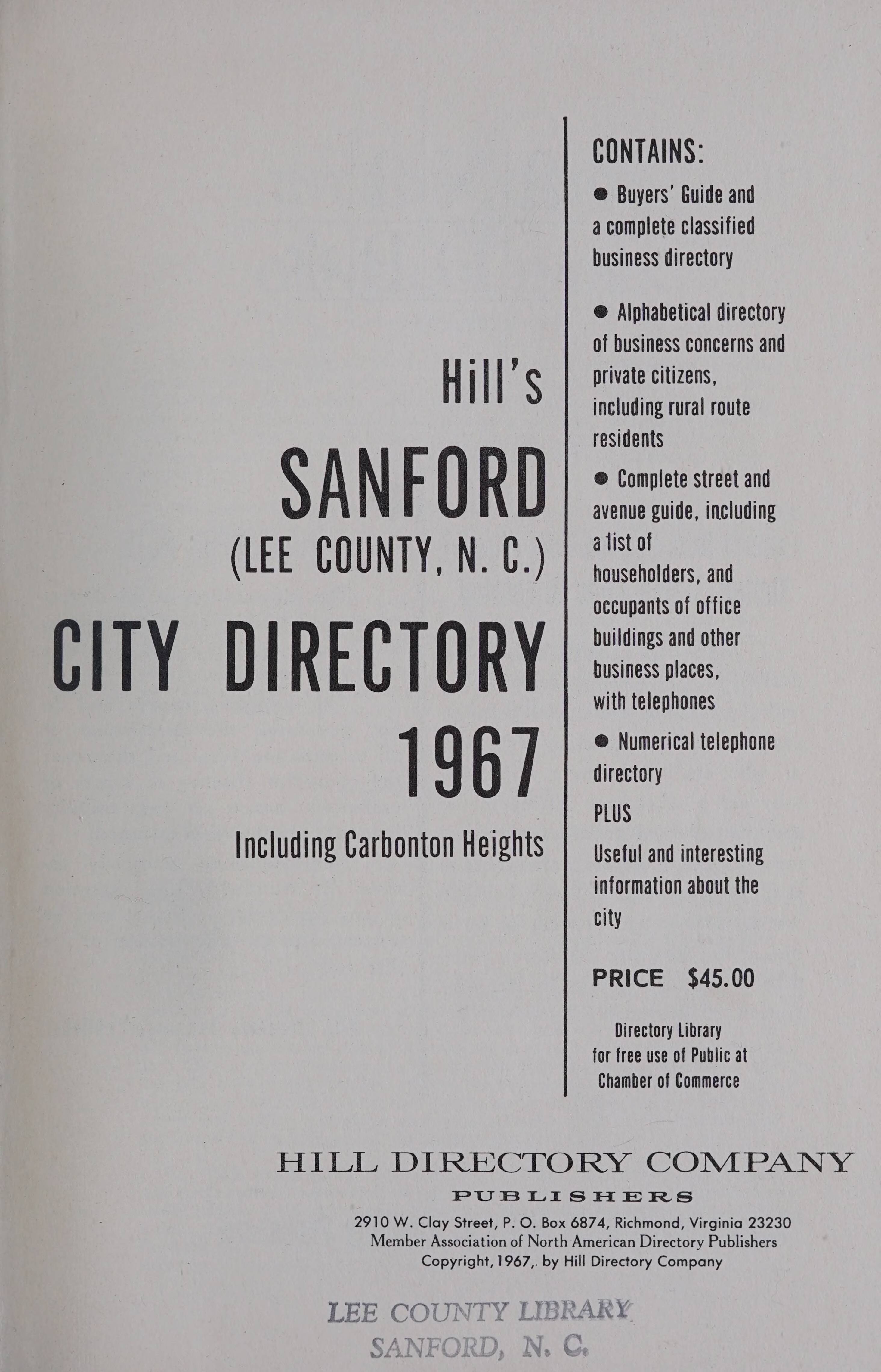 Hill's Sanford (Lee County, N.C.) City Directory [1967]