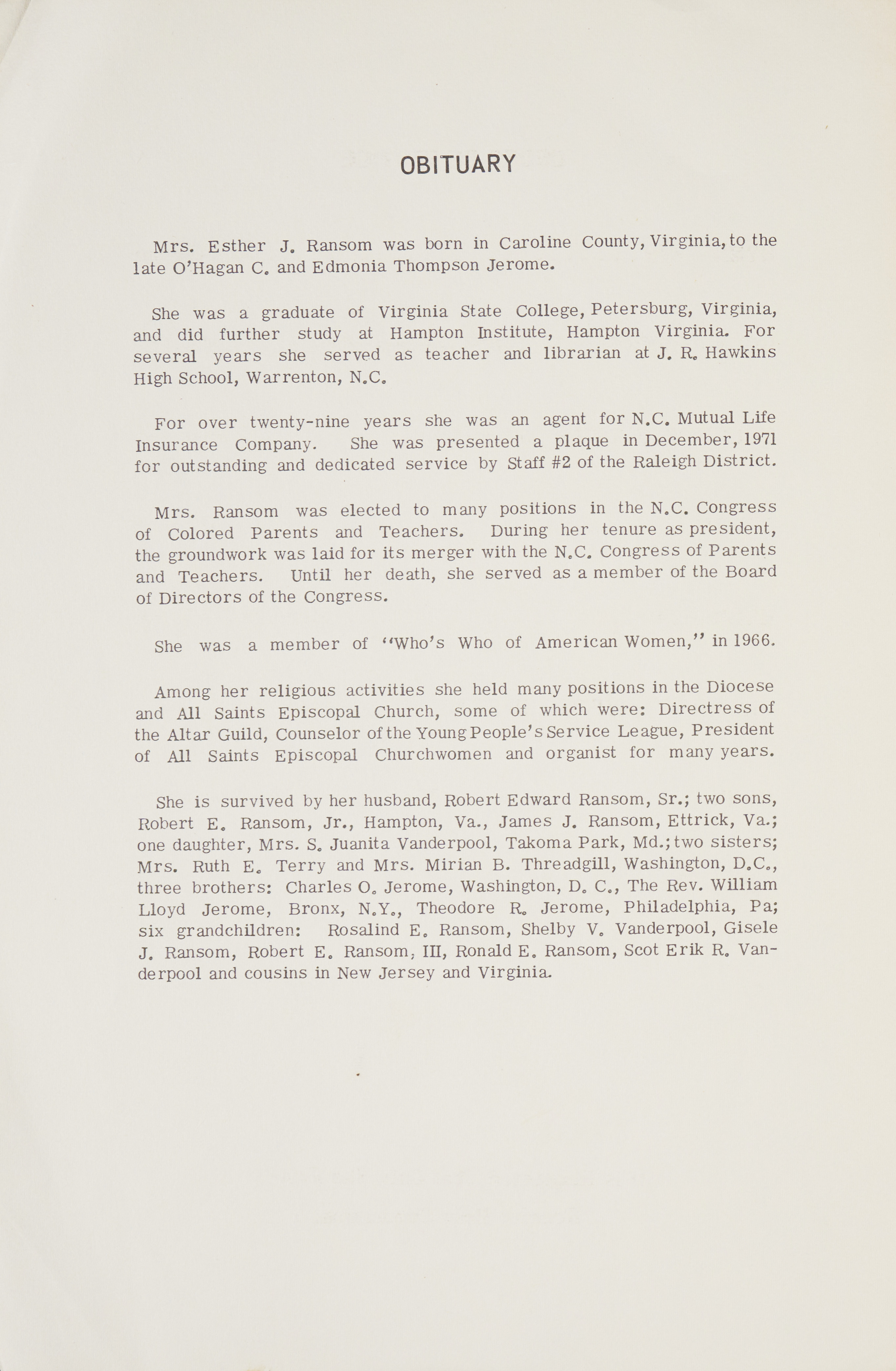 Esther Jerome Ransom Obituary